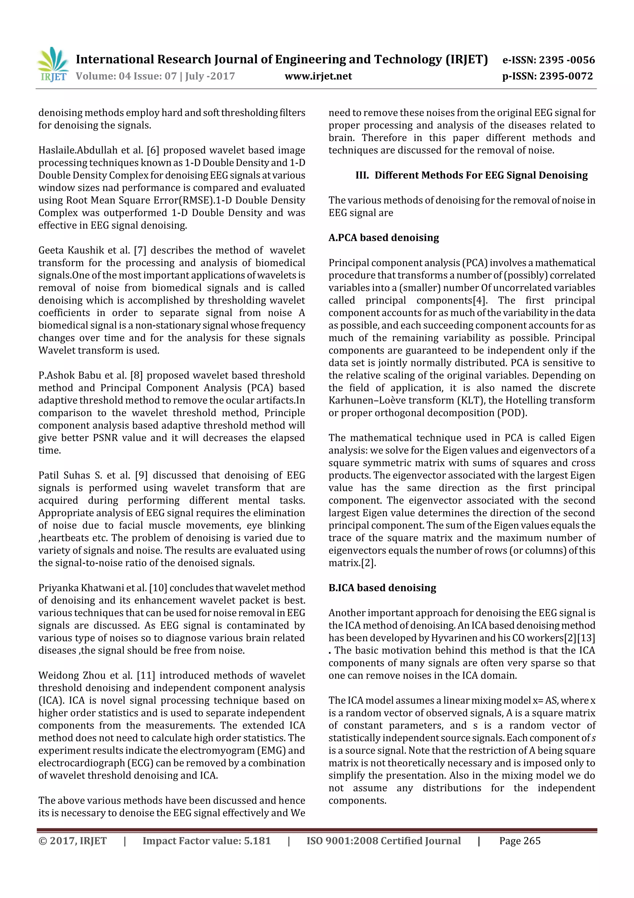 Denoising of EEG Signals for Analysis of Brain Disorders: A Review | PDF