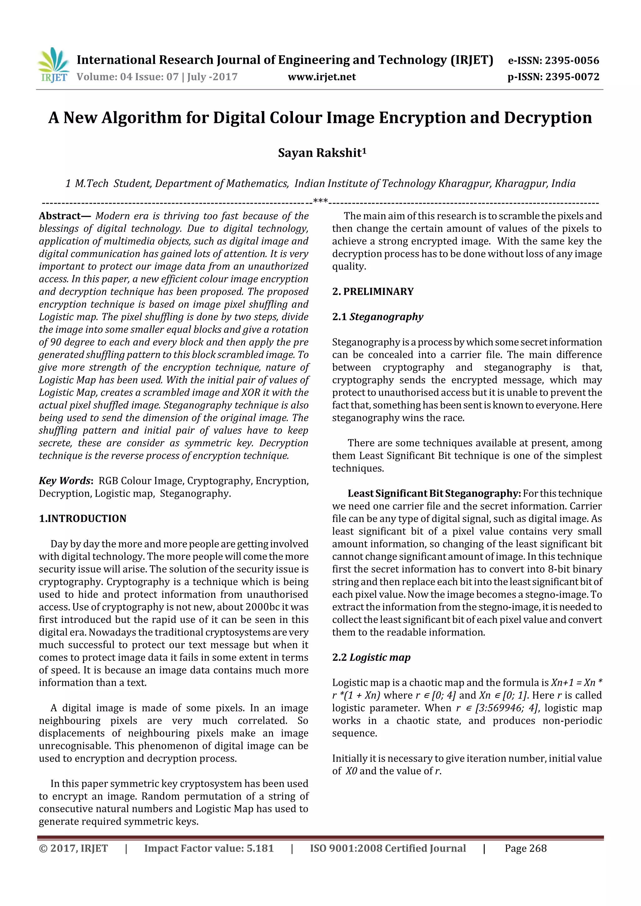 A New Algorithm for Digital Colour Image Encryption and Decryption | PDF