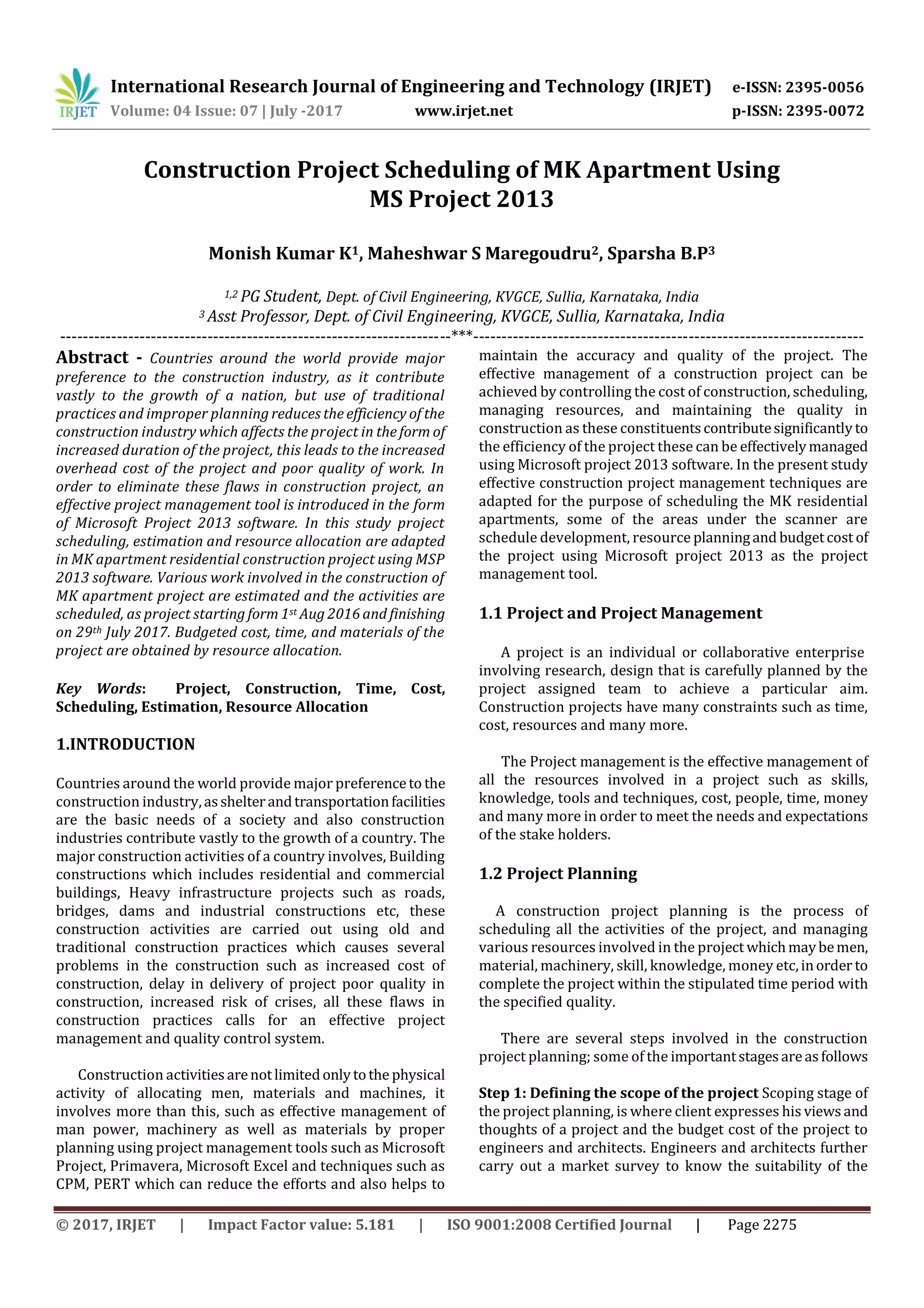 Construction Project Scheduling Of Mk Apartment Using Ms Project 2013 Pdf Construction