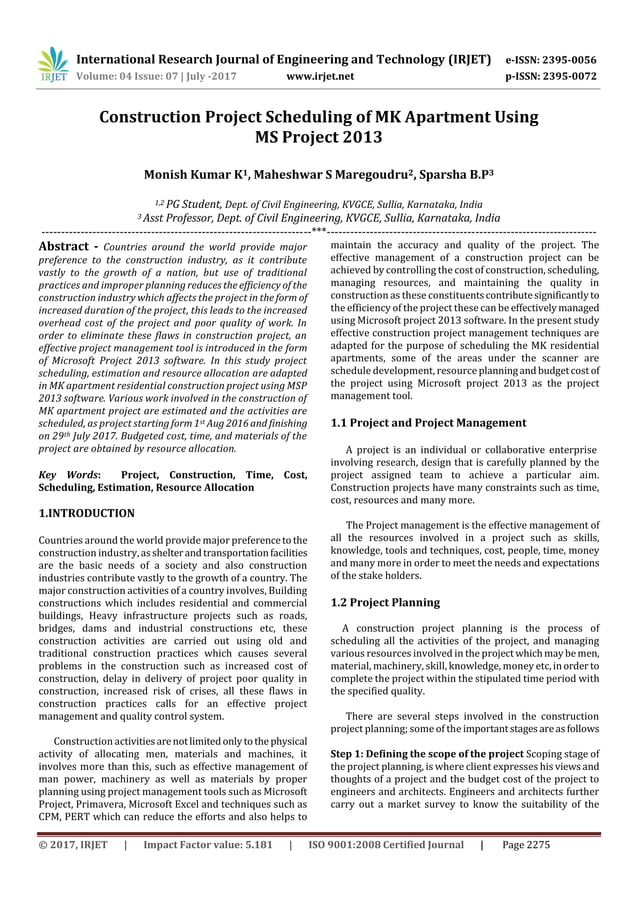 Construction Project Scheduling of MK Apartment using MS Project 2013 | PDF | Construction ...