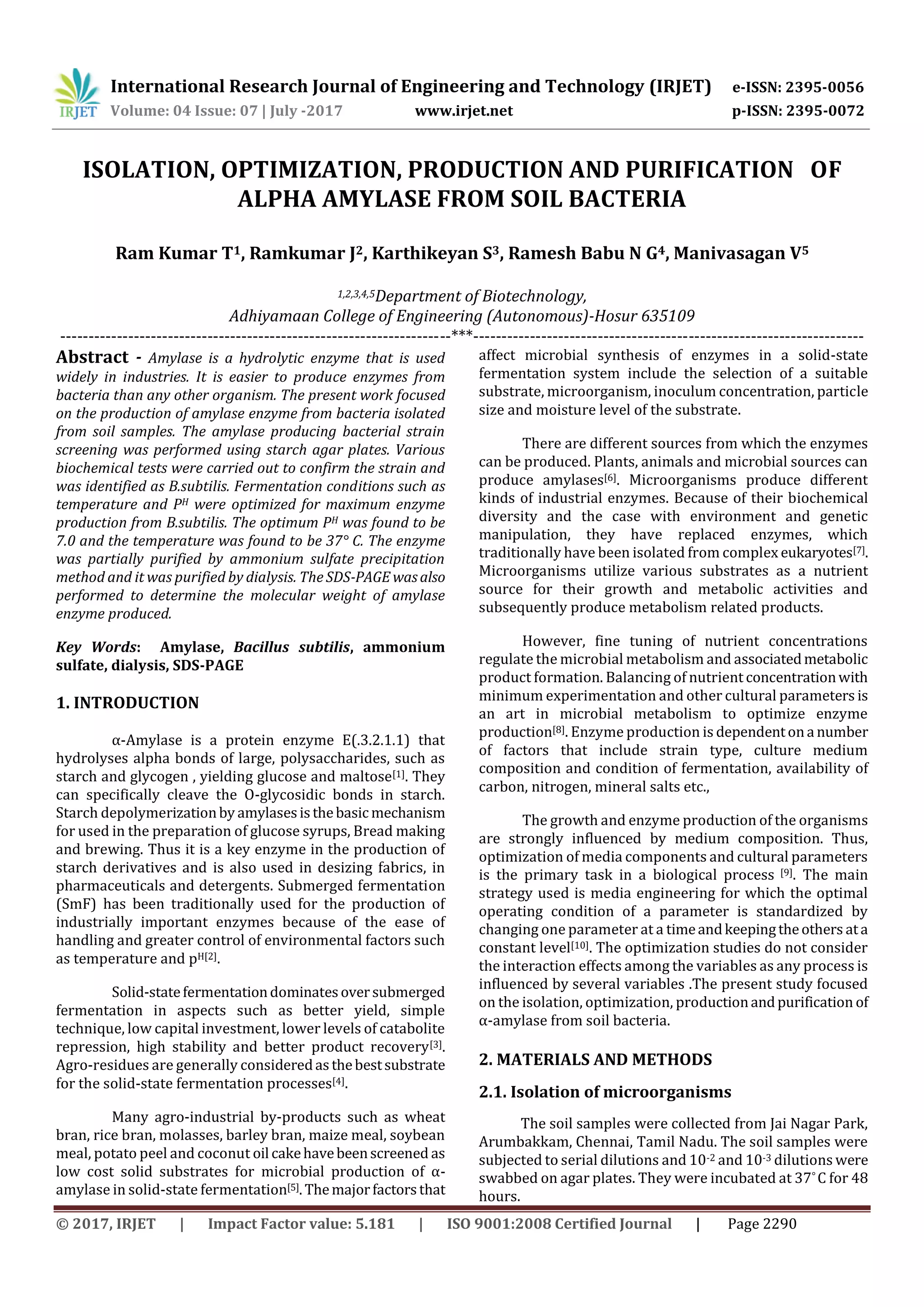 Isolation, Optimization, Production and Purification of Alpha Amylase from Soil Bacteria | PDF