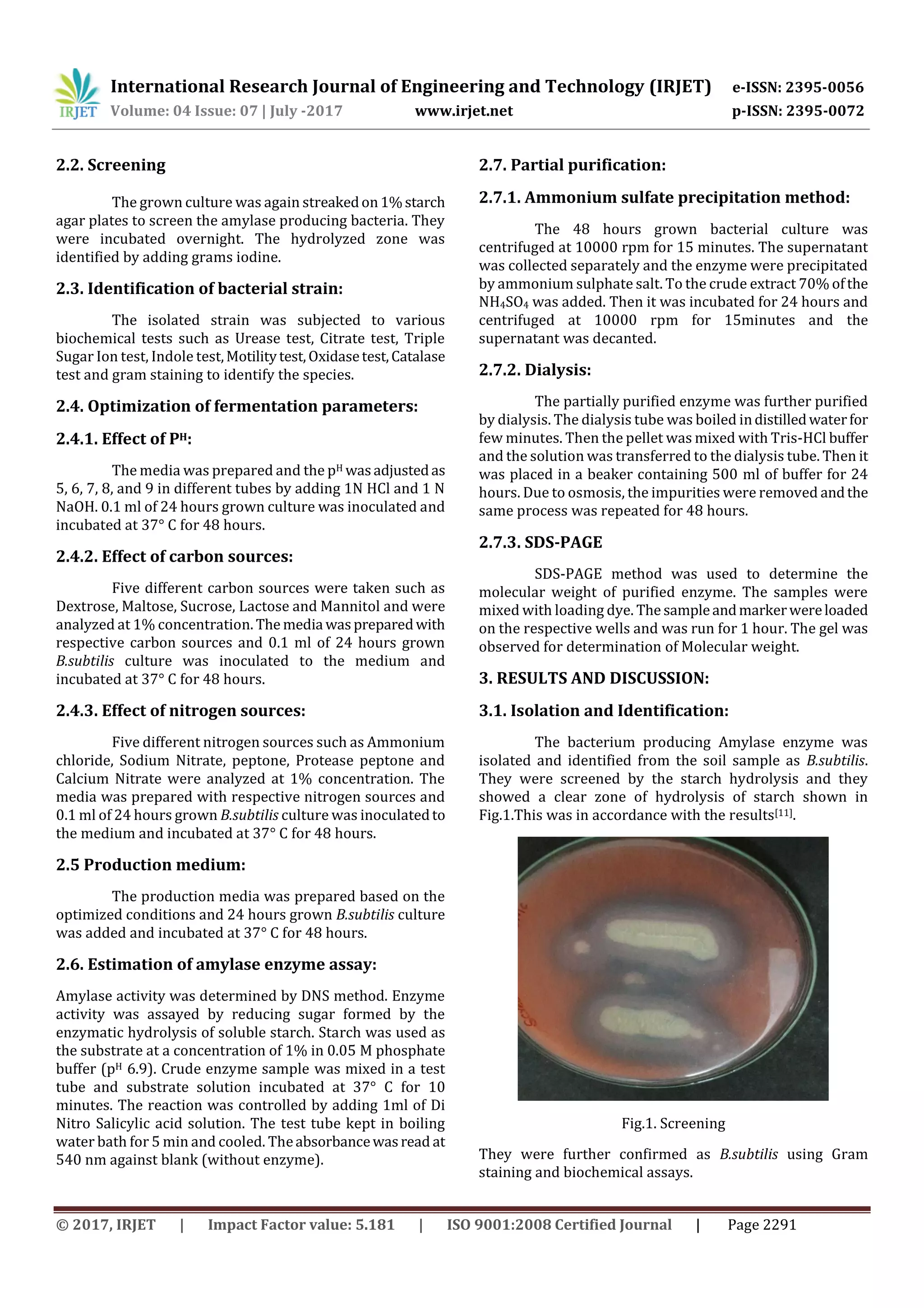 Isolation, Optimization, Production and Purification of Alpha Amylase from Soil Bacteria | PDF