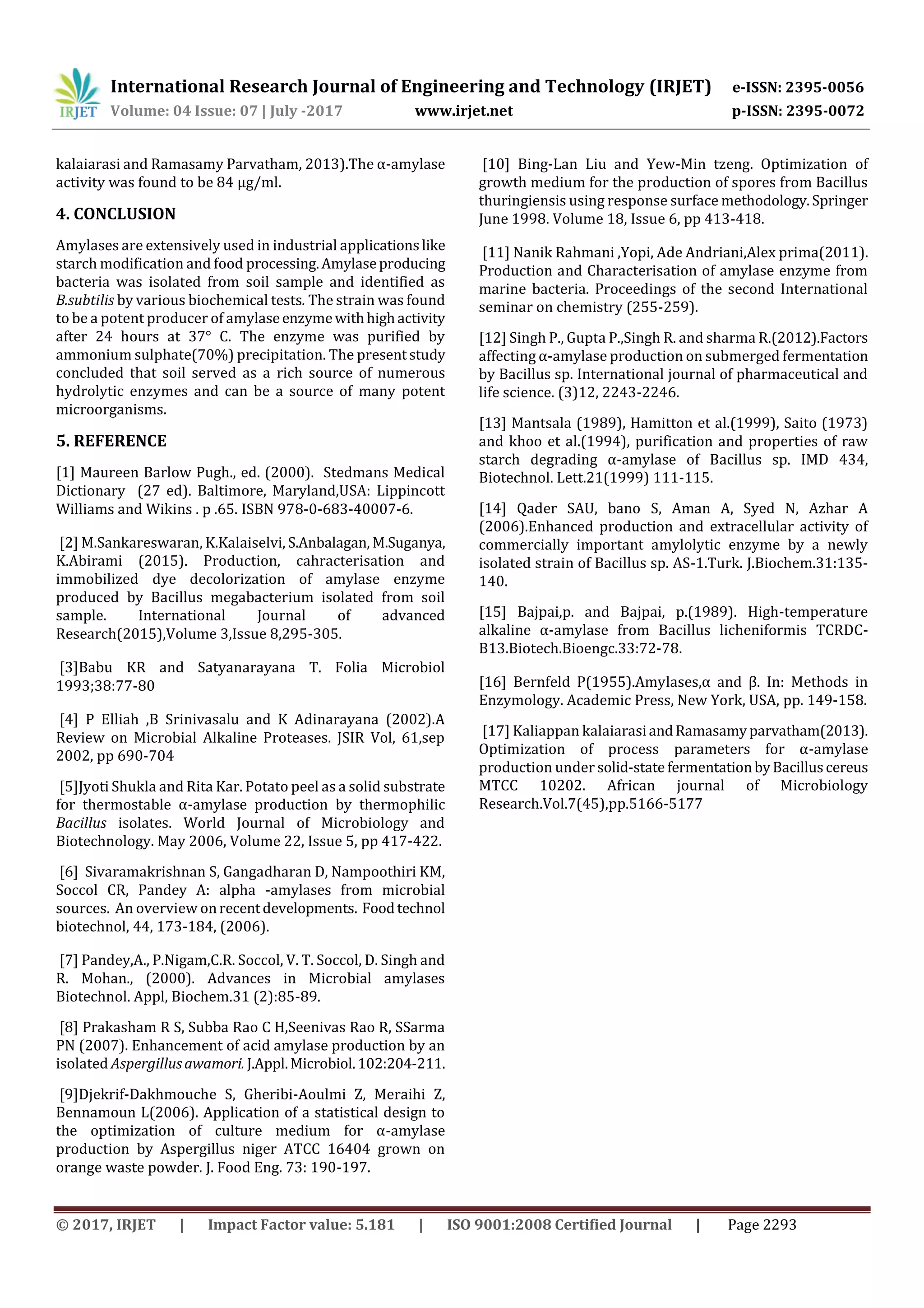Isolation, Optimization, Production and Purification of Alpha Amylase from Soil Bacteria | PDF