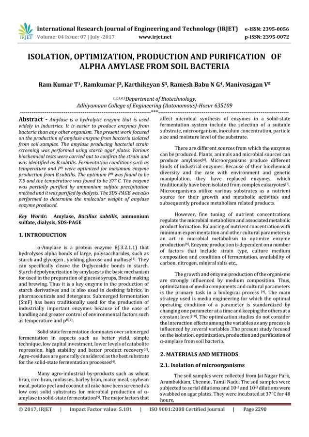 Isolation, Optimization, Production and Purification of Alpha Amylase from Soil Bacteria | PDF