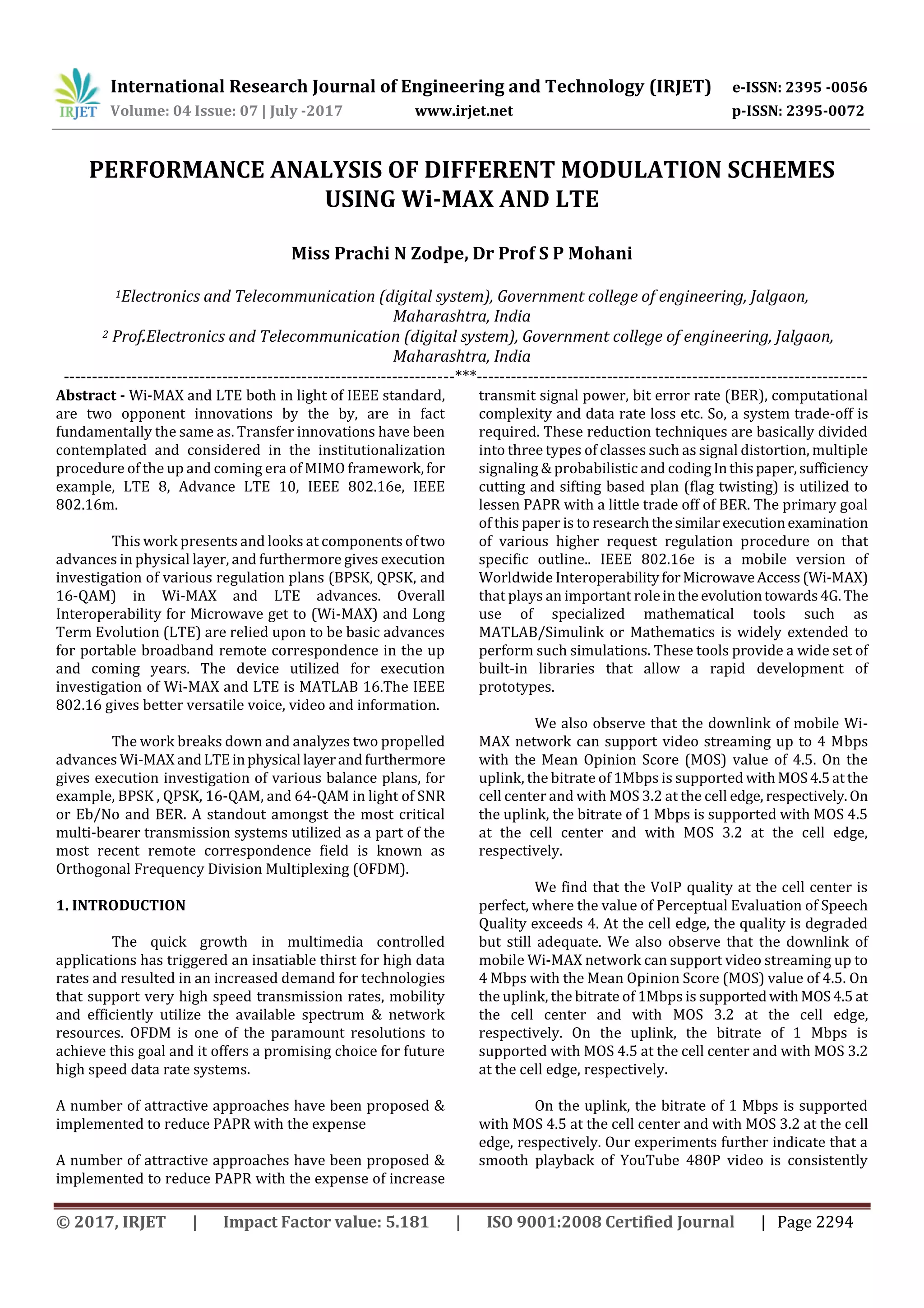 Performance Analysis Of Different Modulation Schemes Using Wi Max And