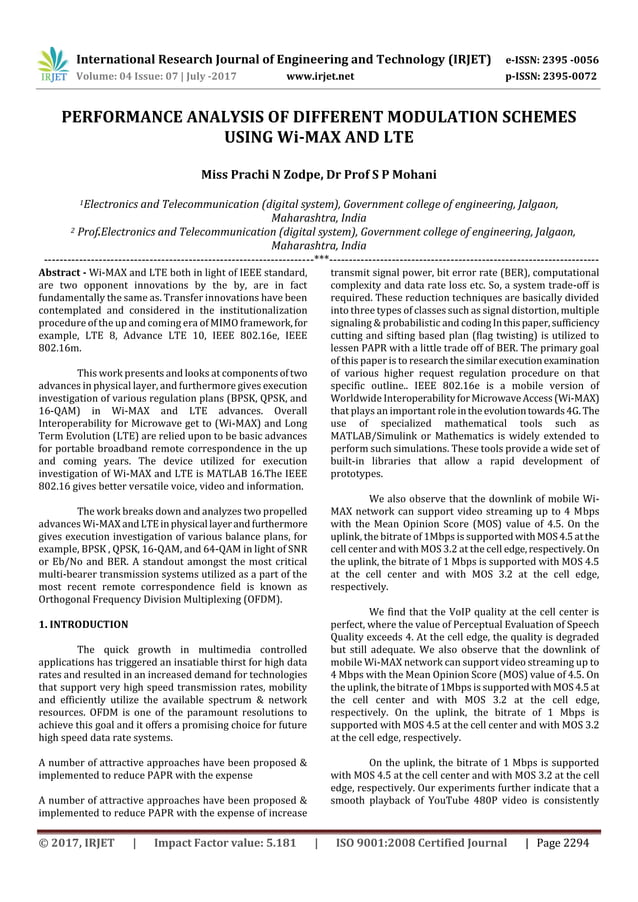 Performance Analysis Of Different Modulation Schemes Using Wi Max And Lte Pdf