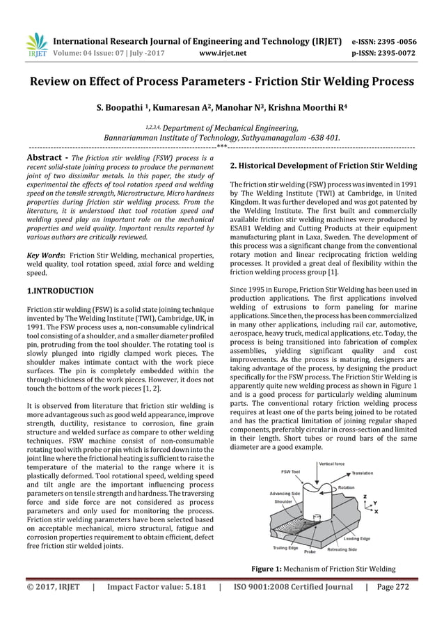Review on Effect of Process Parameters - Friction Stir Welding Process | PDF