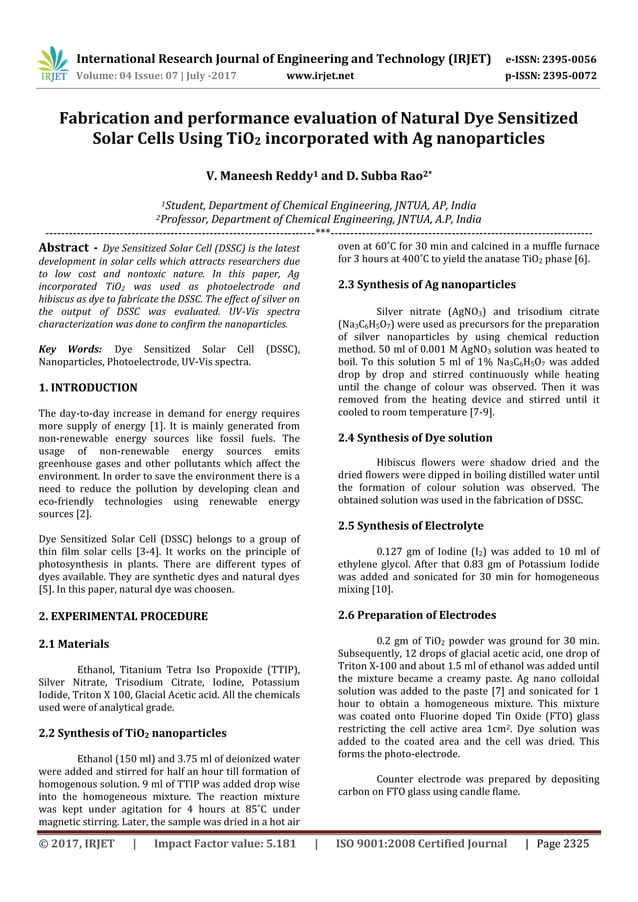 Fabrication and Performance Evaluation of Natural Dye Sensitized Solar ...