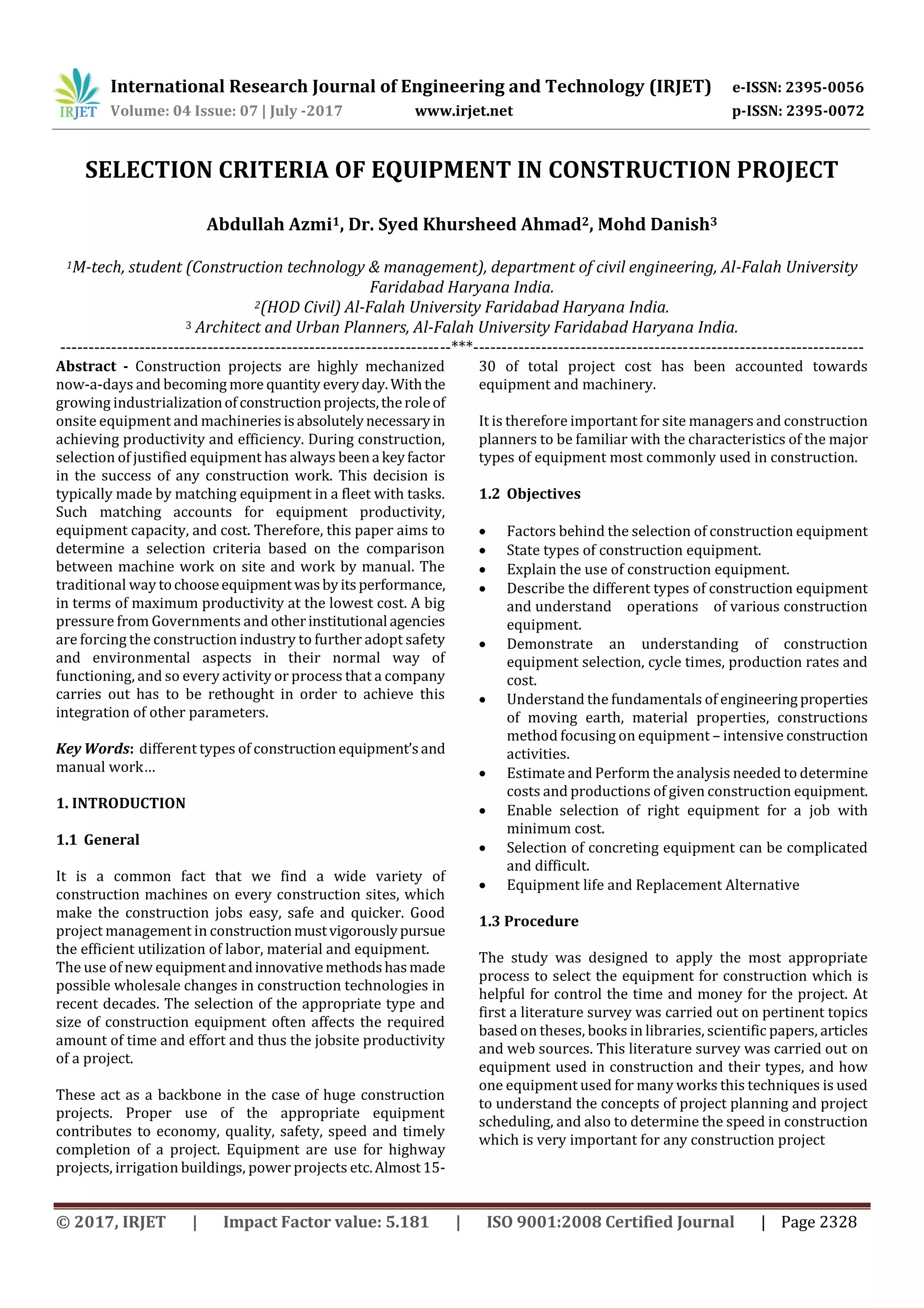 Selection Criteria of Equipment in Construction Project | PDF