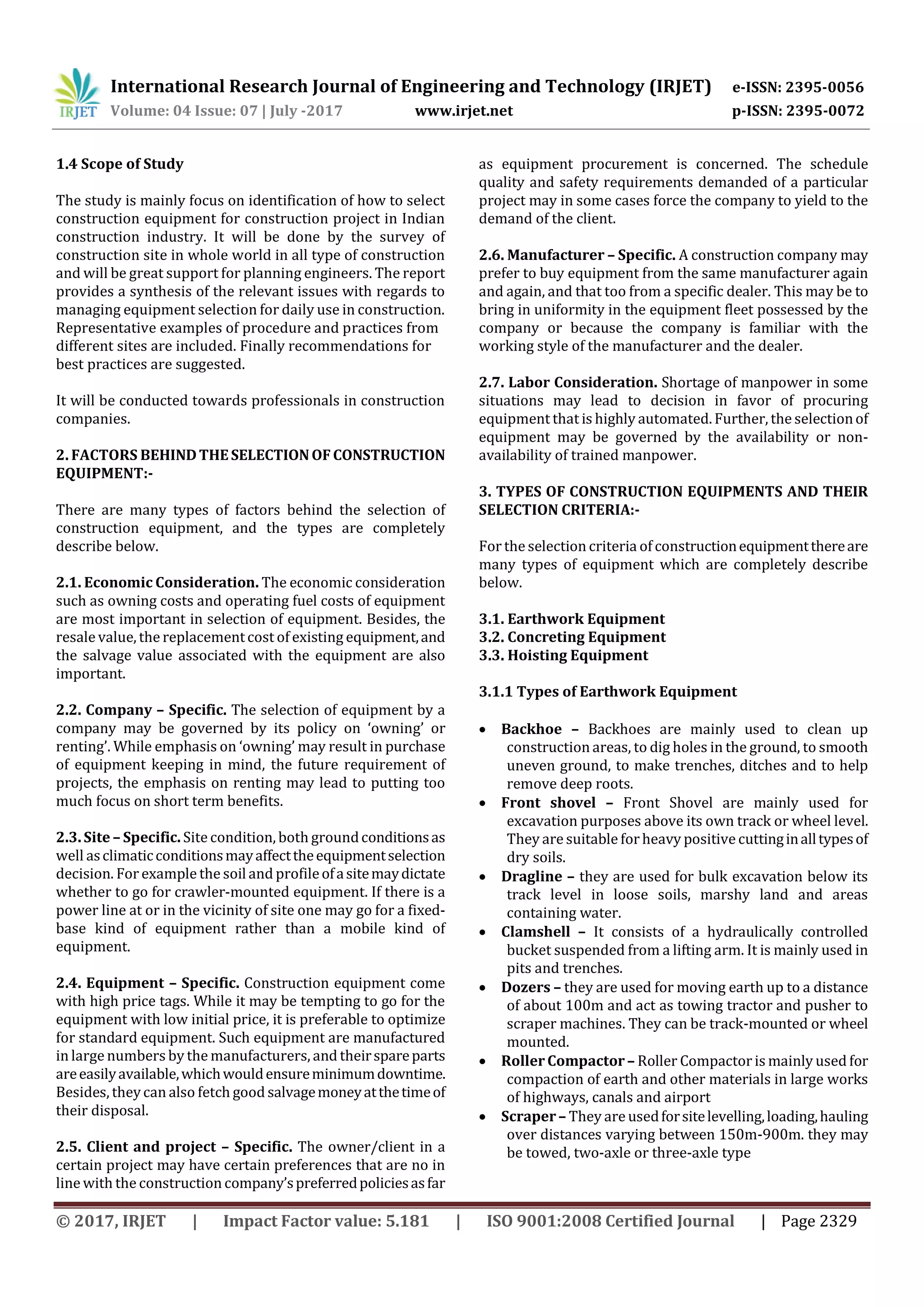 Selection Criteria of Equipment in Construction Project | PDF