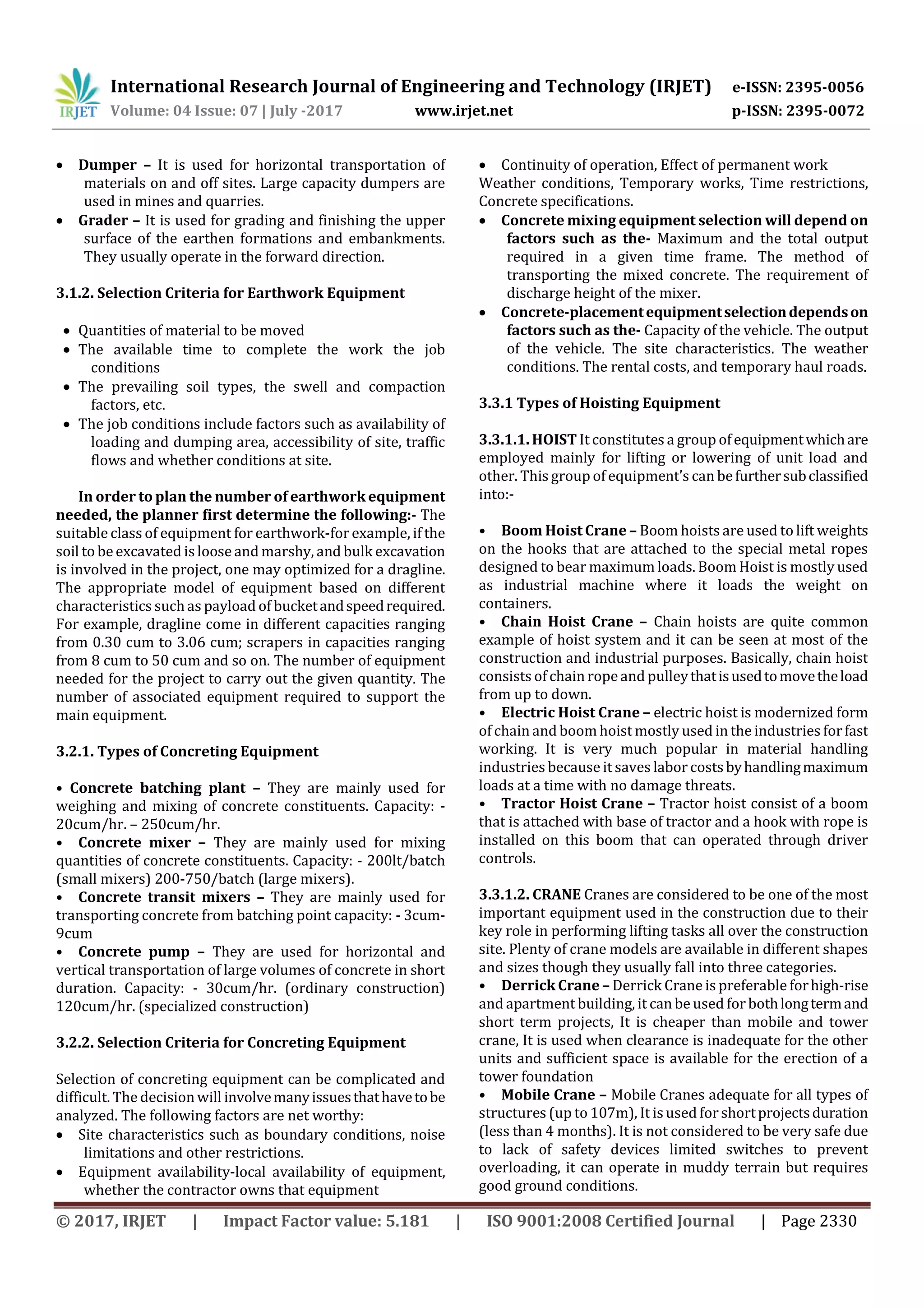 Selection Criteria of Equipment in Construction Project | PDF