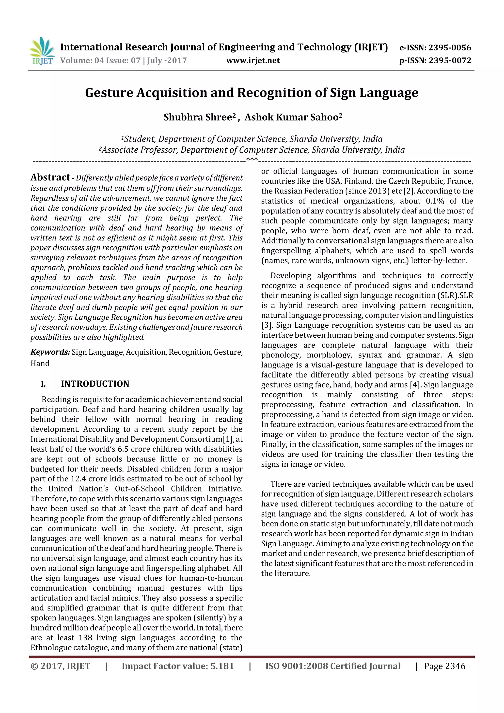 Gesture Acquisition and Recognition of Sign Language | PDF