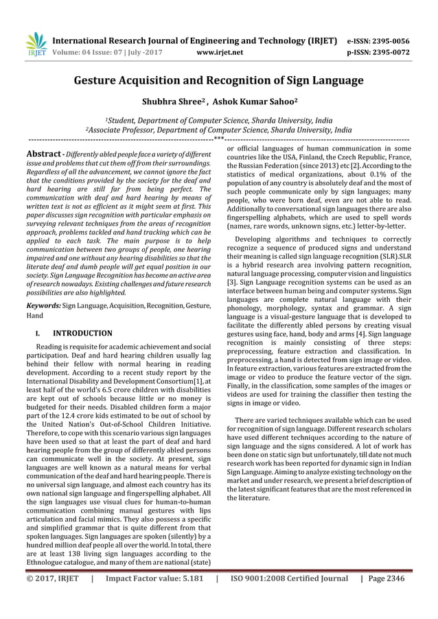 Gesture Acquisition and Recognition of Sign Language | PDF