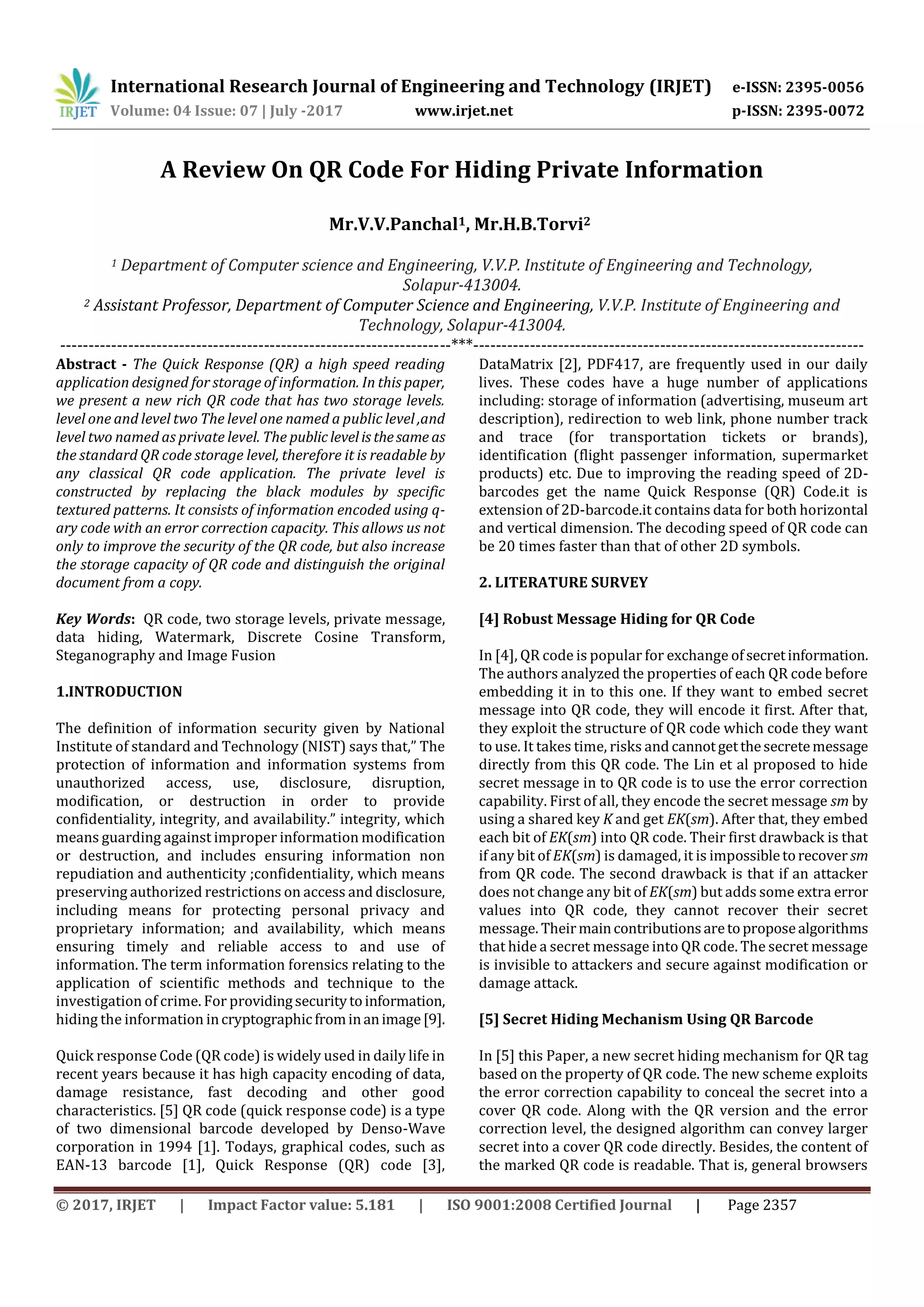 A Review on QR Code for Hiding Private Information | PDF