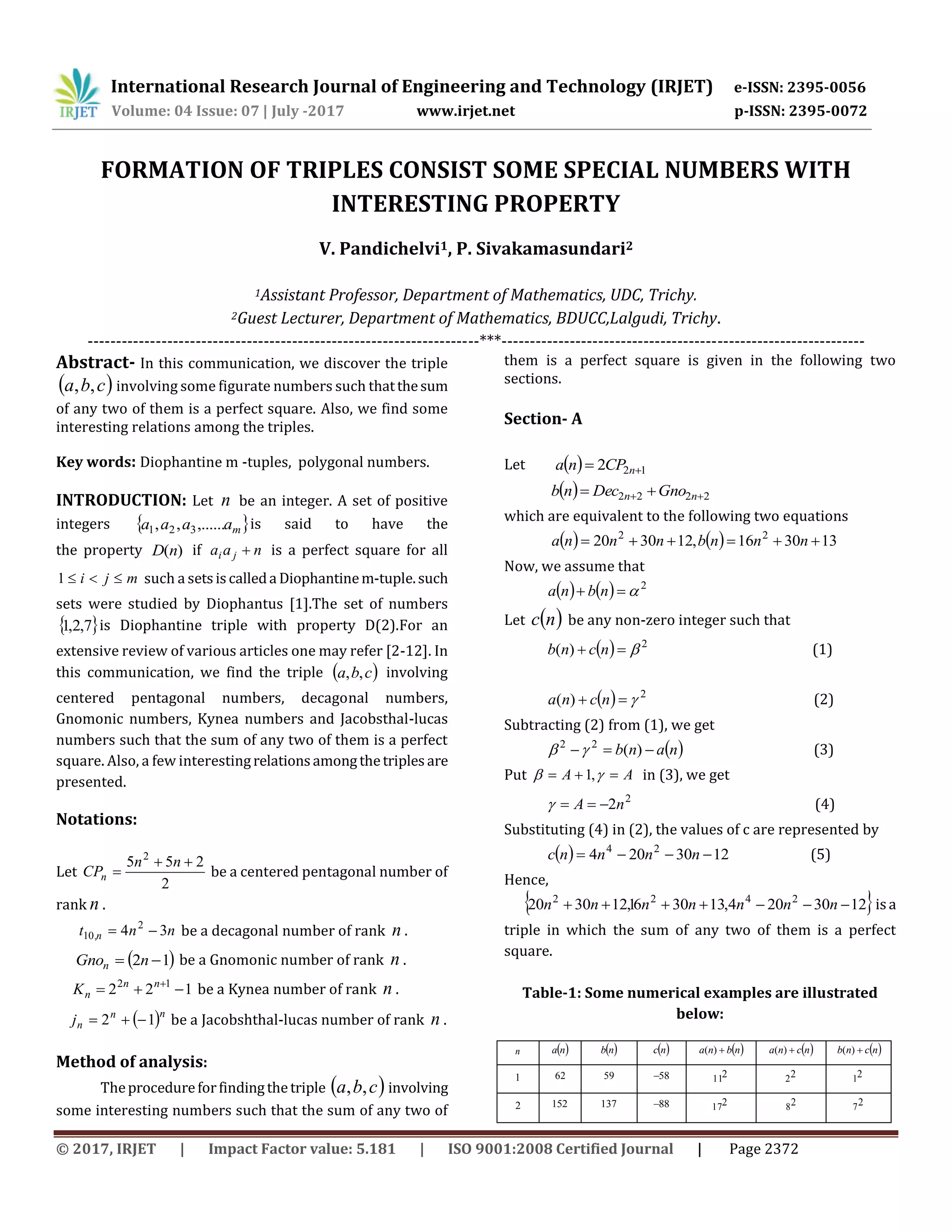 Formation of Triples Consist Some Special Numbers with Interesting ...