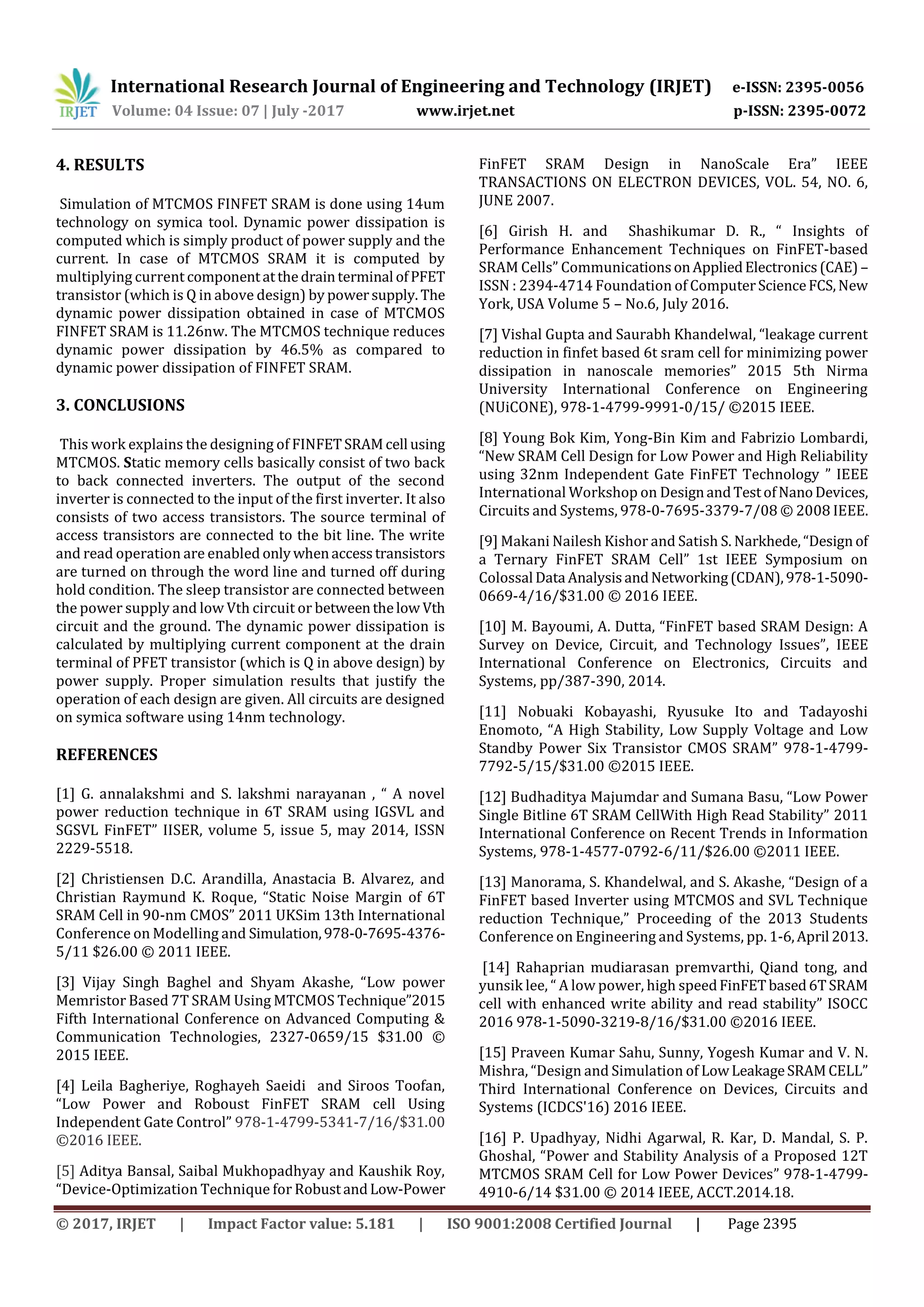 Design and Implementation of 6t SRAM using FINFET with Low Power Application | PDF | Data ...