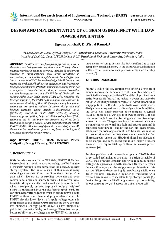 Design and Implementation of 6t SRAM using FINFET with Low Power Application | PDF | Data ...