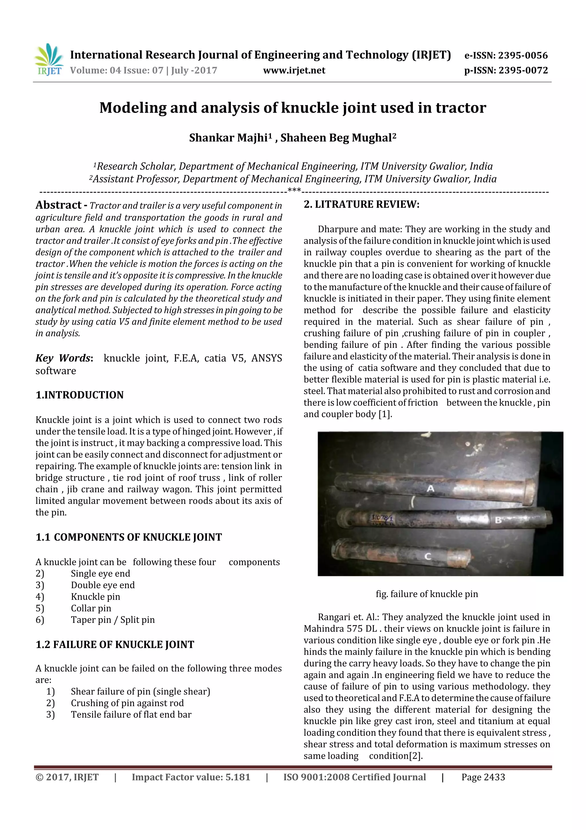 Modeling and Analysis of Knuckle Joint used in Tractor | PDF