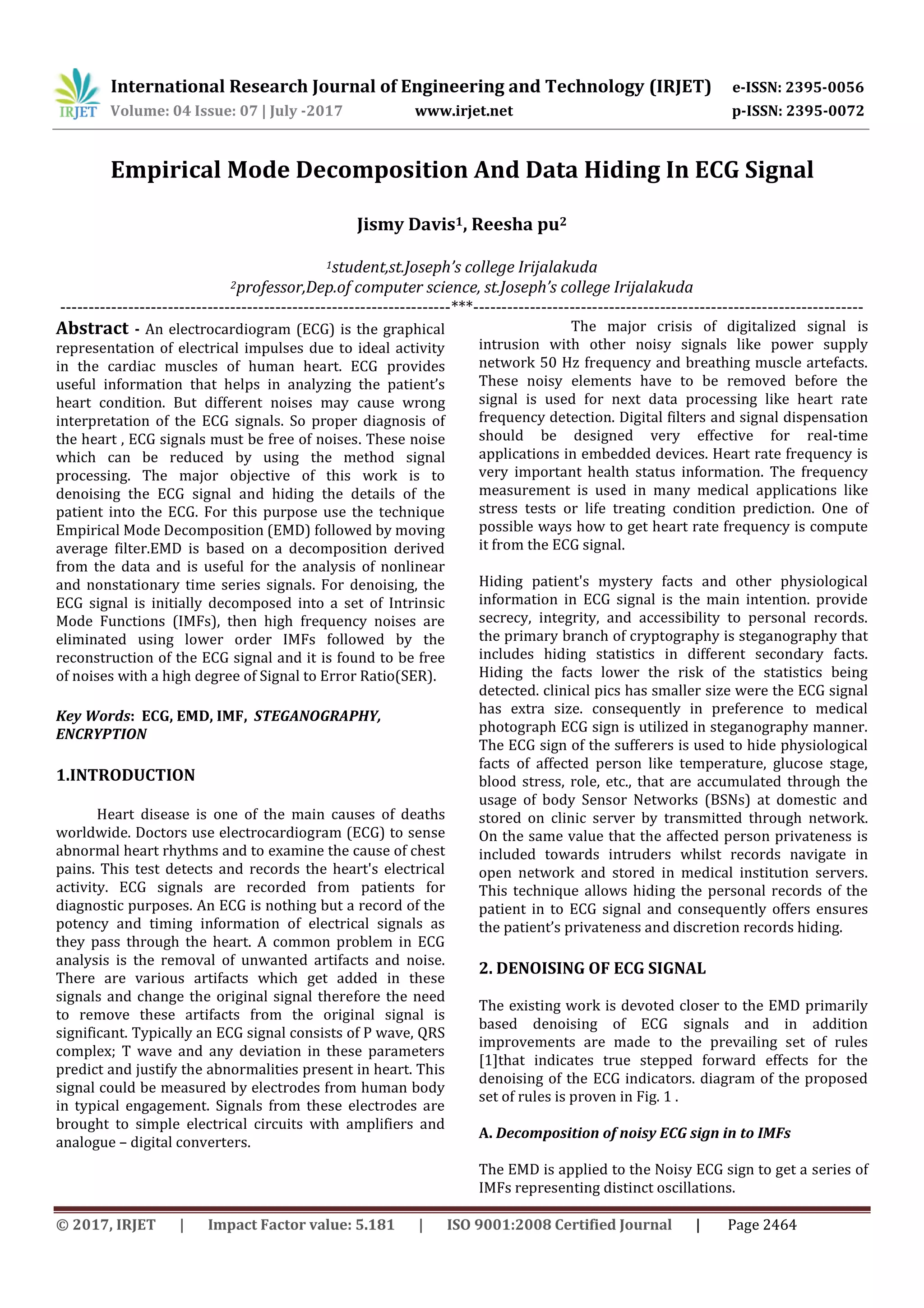 Empirical Mode Decomposition and Data Hiding in ECG Signal | PDF | Heart and Cardiovascular ...