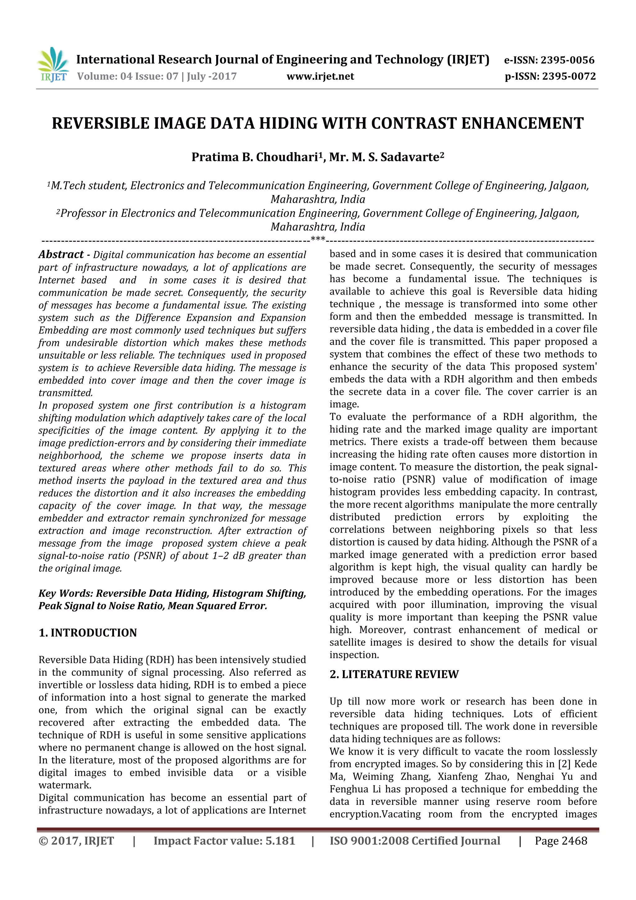 Reversible Image Data Hiding with Contrast Enhancement | PDF
