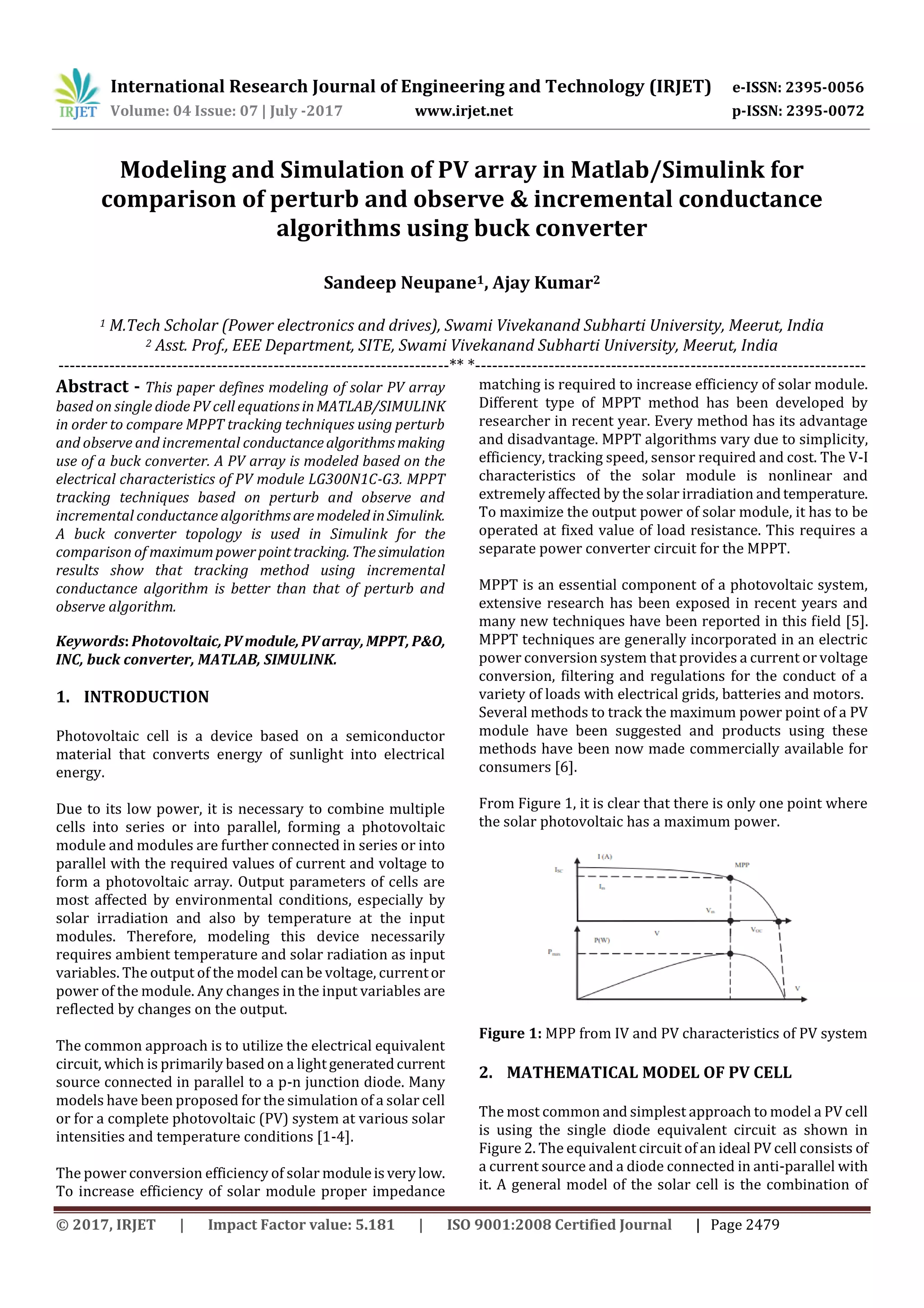Modeling And Simulation Of Pv Array In Matlabsimulink For Comparison Of Perturb And Observe 7204