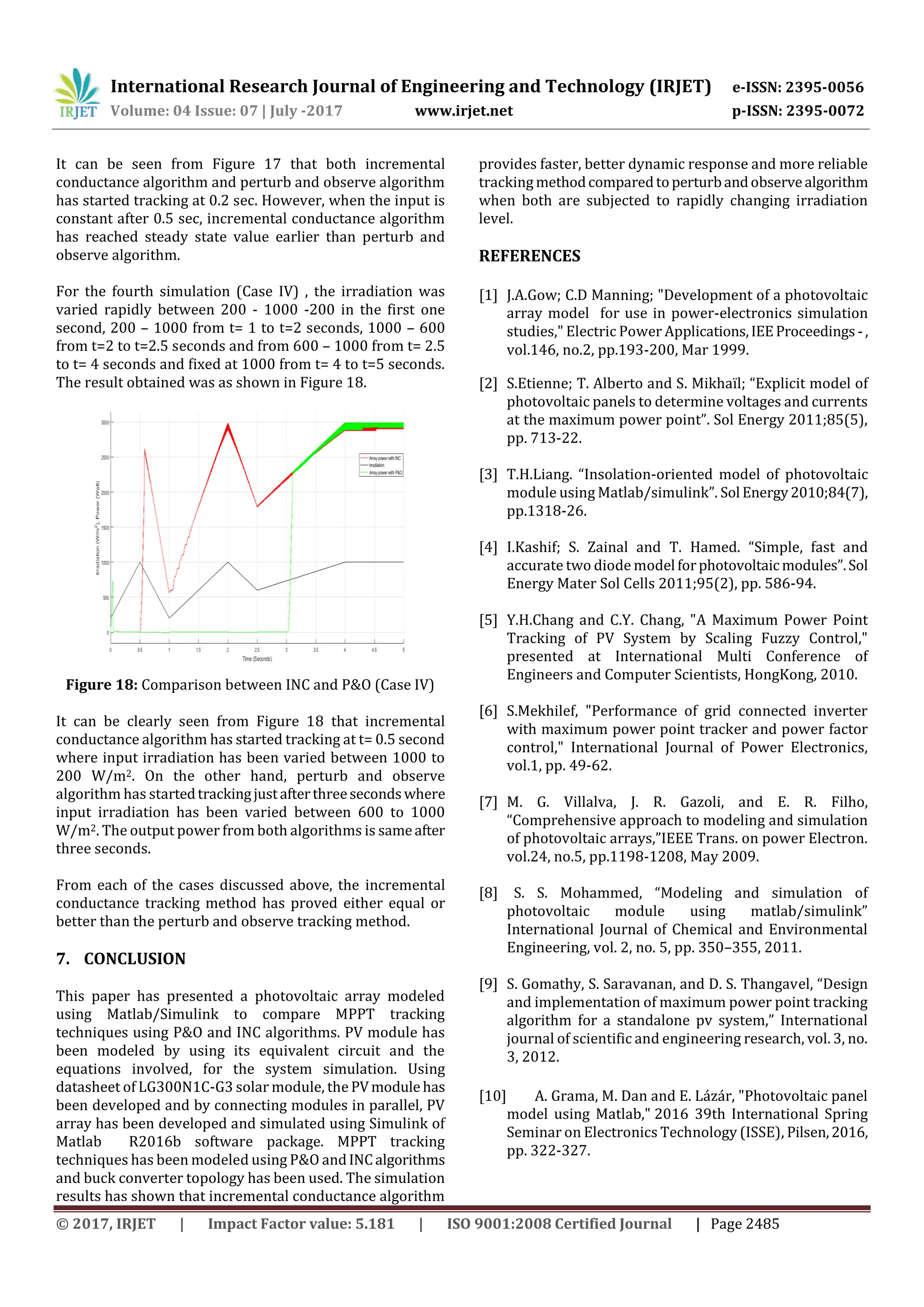 Modeling And Simulation Of Pv Array In Matlabsimulink For Comparison Of Perturb And Observe