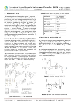 Modeling and Simulation of PV Array in Matlab/Simulink for Comparison of Perturb and Observe ...