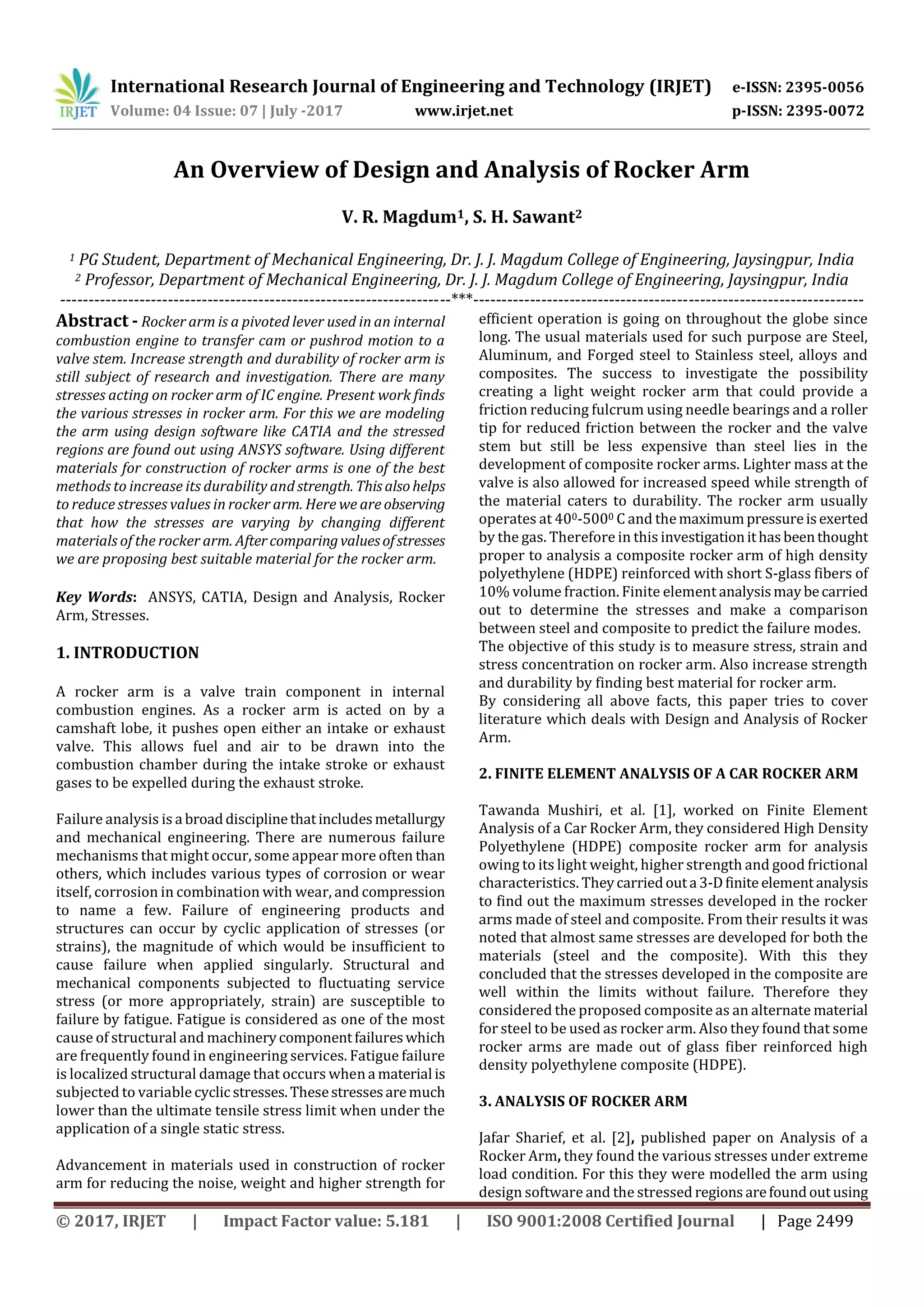 An Overview of Design and Analysis of Rocker Arm | PDF