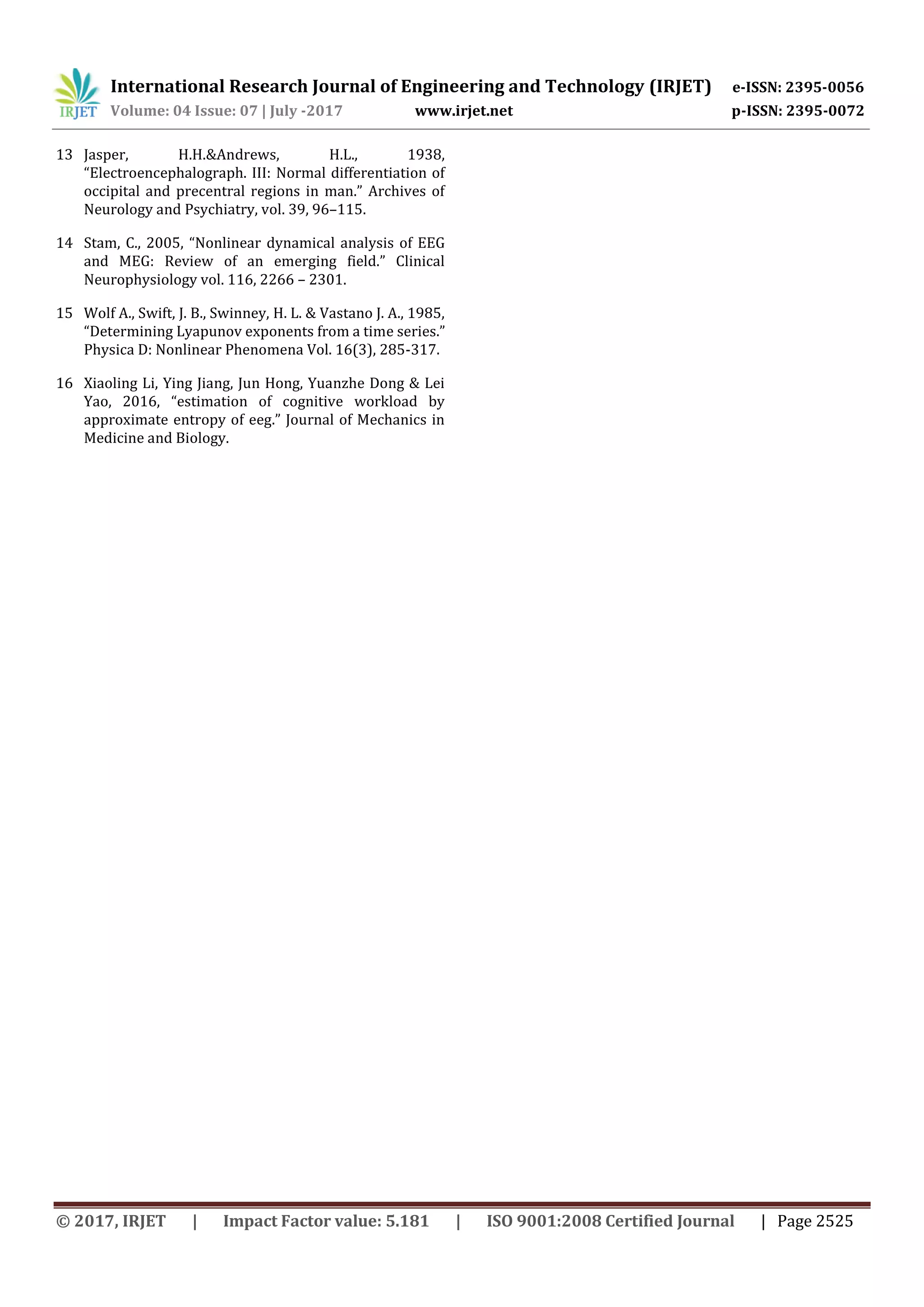 Quantification and Comparison of Different Non-Linear Techniques of EEG Signals | PDF