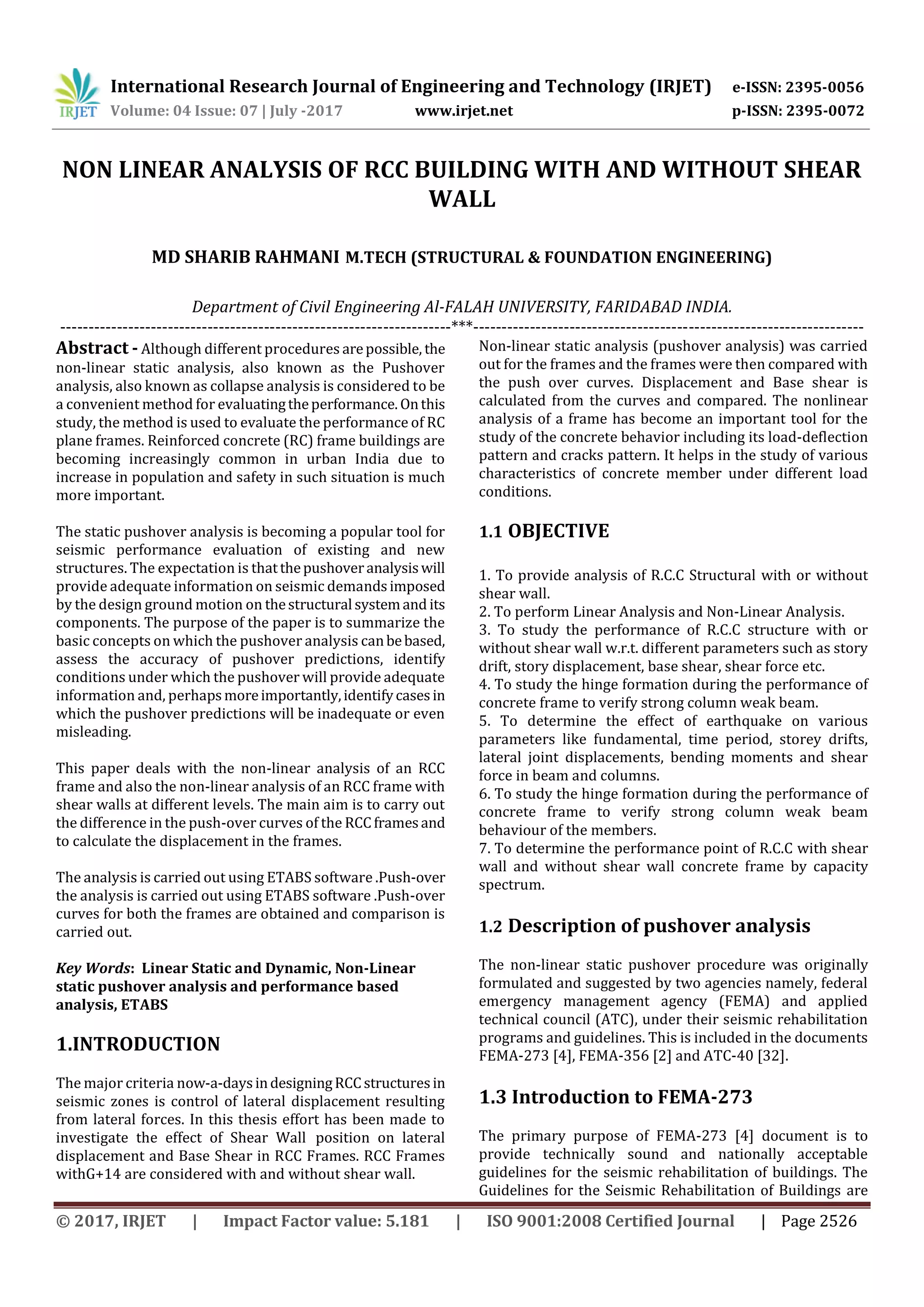 Non Linear Analysis of RCC Building with and Without Shear Wall | PDF