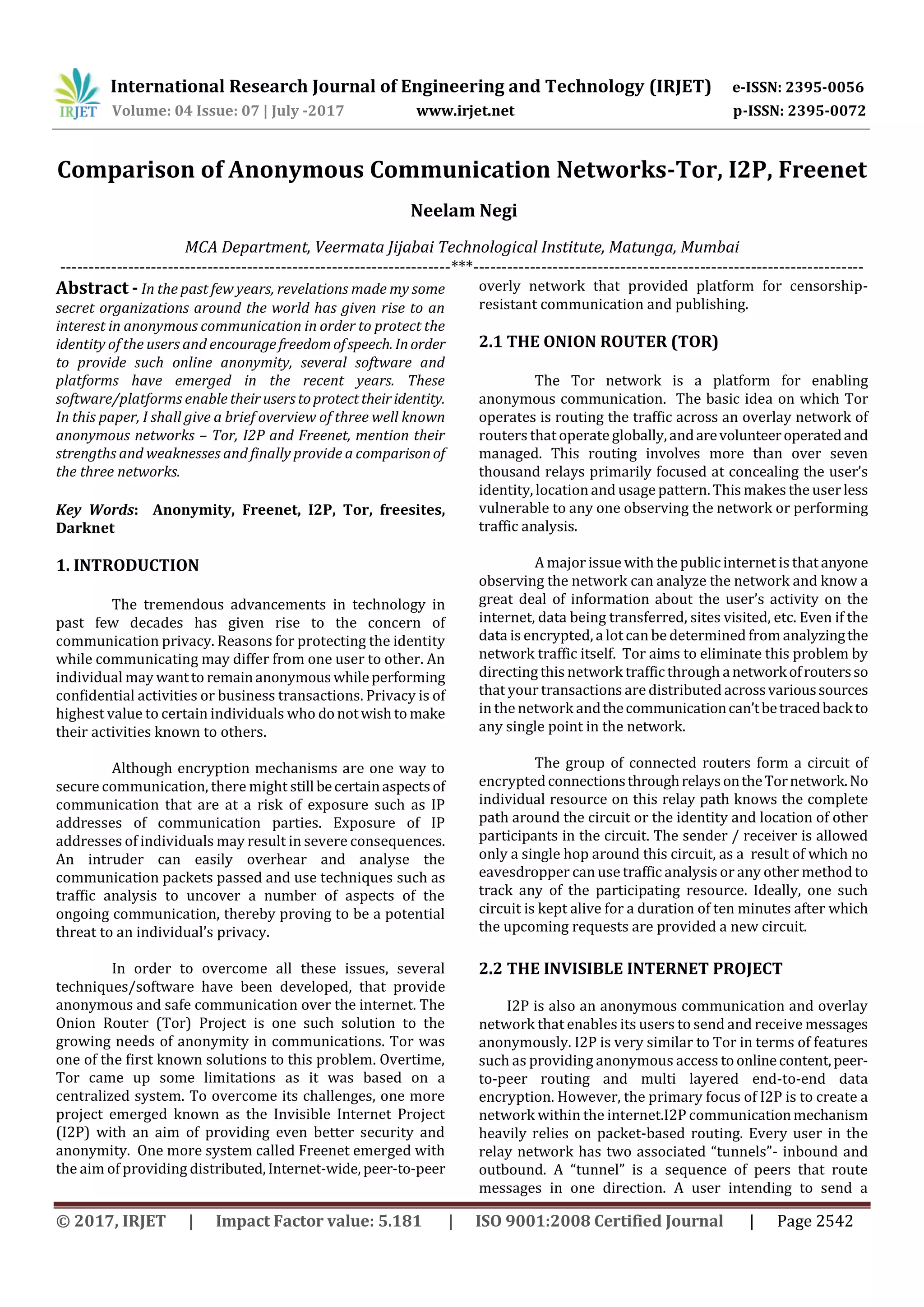 Comparison of Anonymous Communication Networks-Tor, I2P, Freenet | PDF