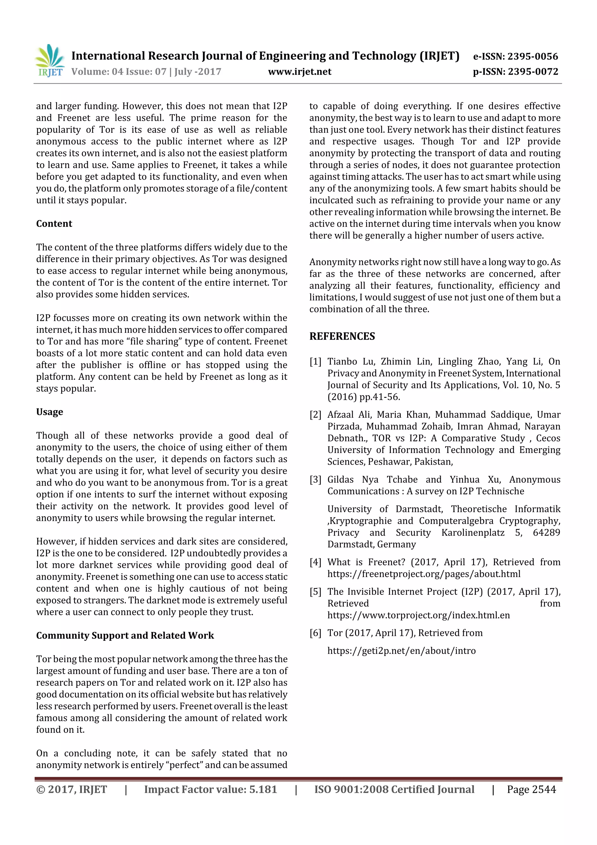 Comparison of Anonymous Communication Networks-Tor, I2P, Freenet | PDF