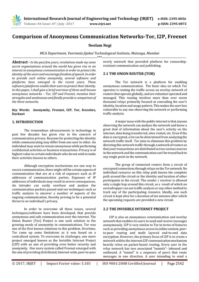 Comparison of Anonymous Communication Networks-Tor, I2P, Freenet | PDF