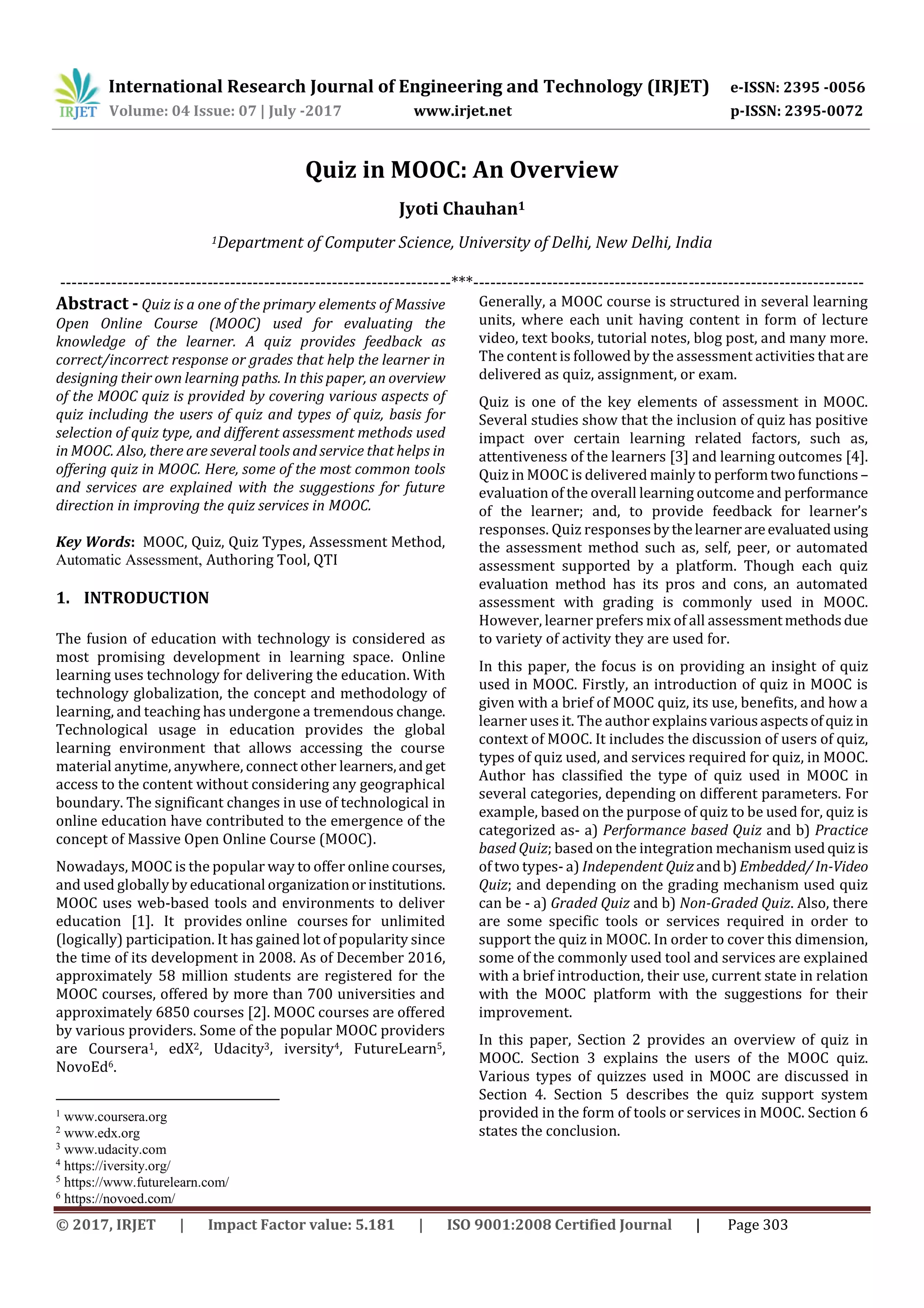 Quiz in MOOC: An Overview | PDF