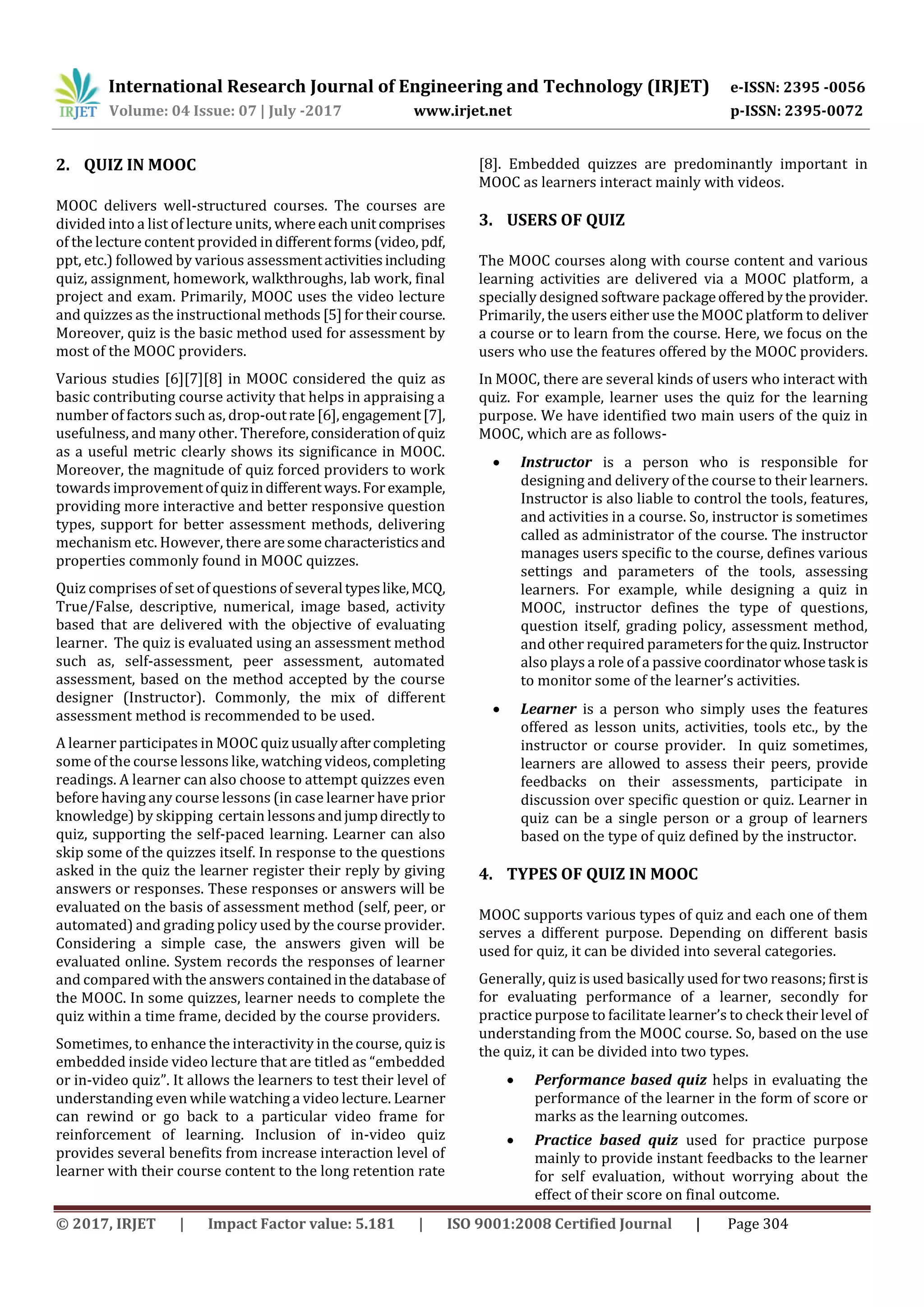 Quiz in MOOC: An Overview | PDF