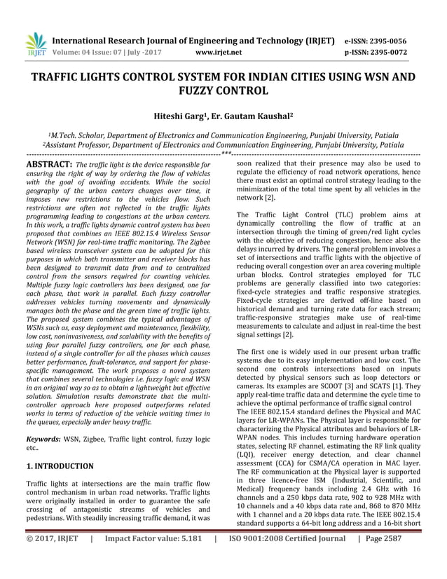 Traffic Lights Control System for Indian Cities using WSN and Fuzzy Control | PDF | Internet of ...