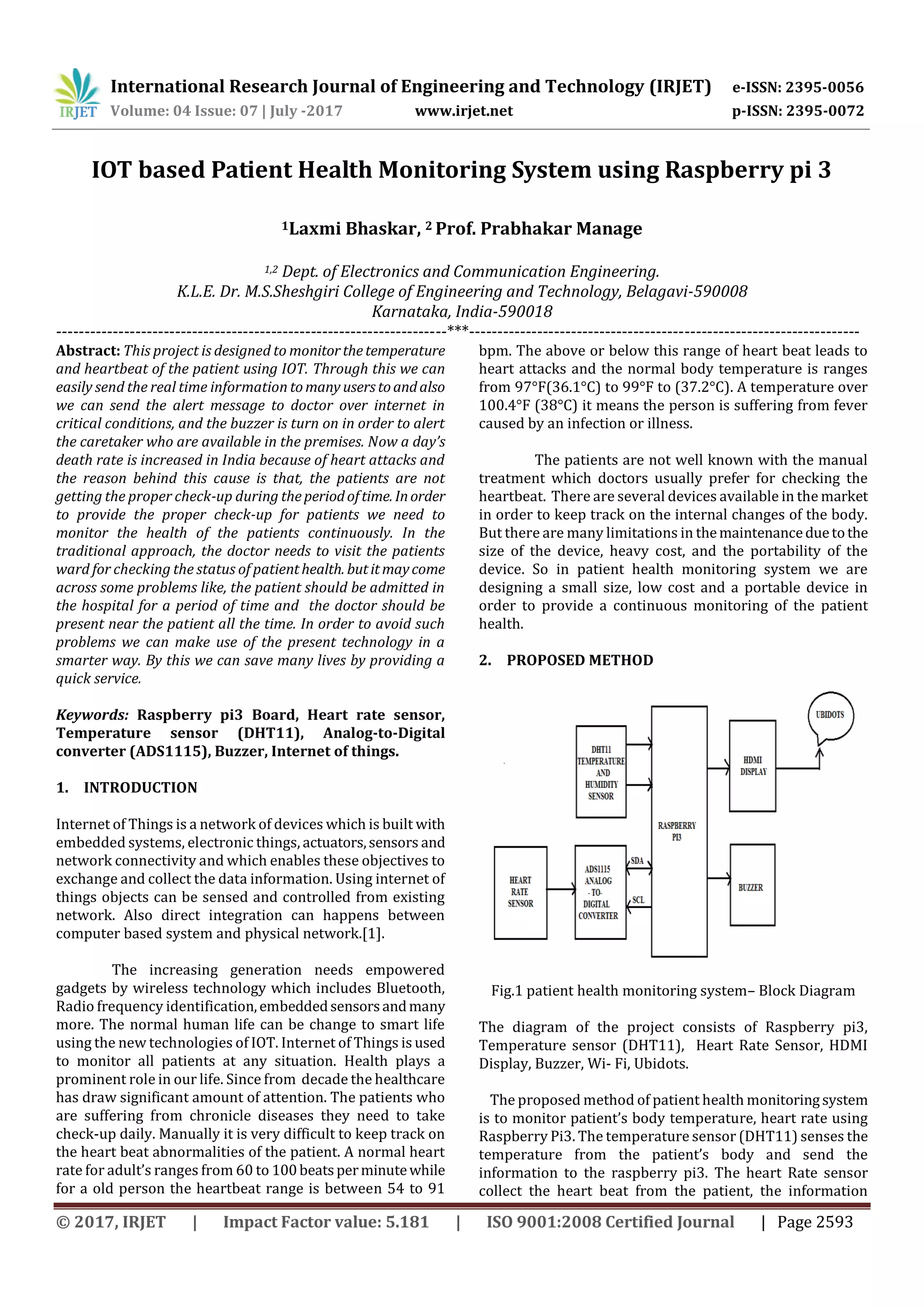 IOT based Patient Health Monitoring System using Raspberry pi 3 | PDF IOT based Patient Health Monitoring System using Raspberry pi 3 | PDF