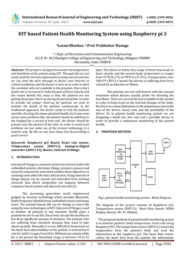 IOT based Patient Health Monitoring System using Raspberry pi 3 | PDF