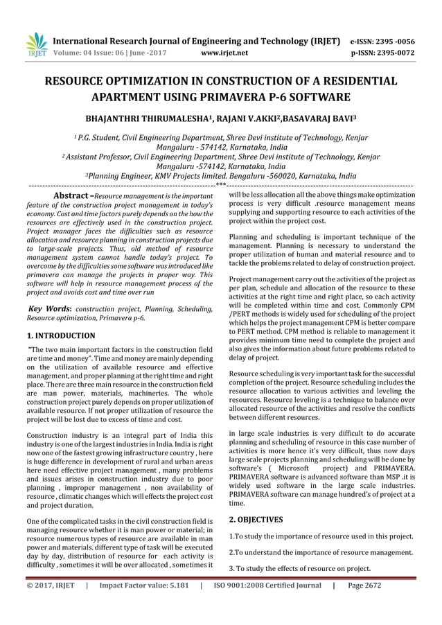 Resource Optimization in Construction of a Residential Apartment using Primavera P-6 Software | PDF