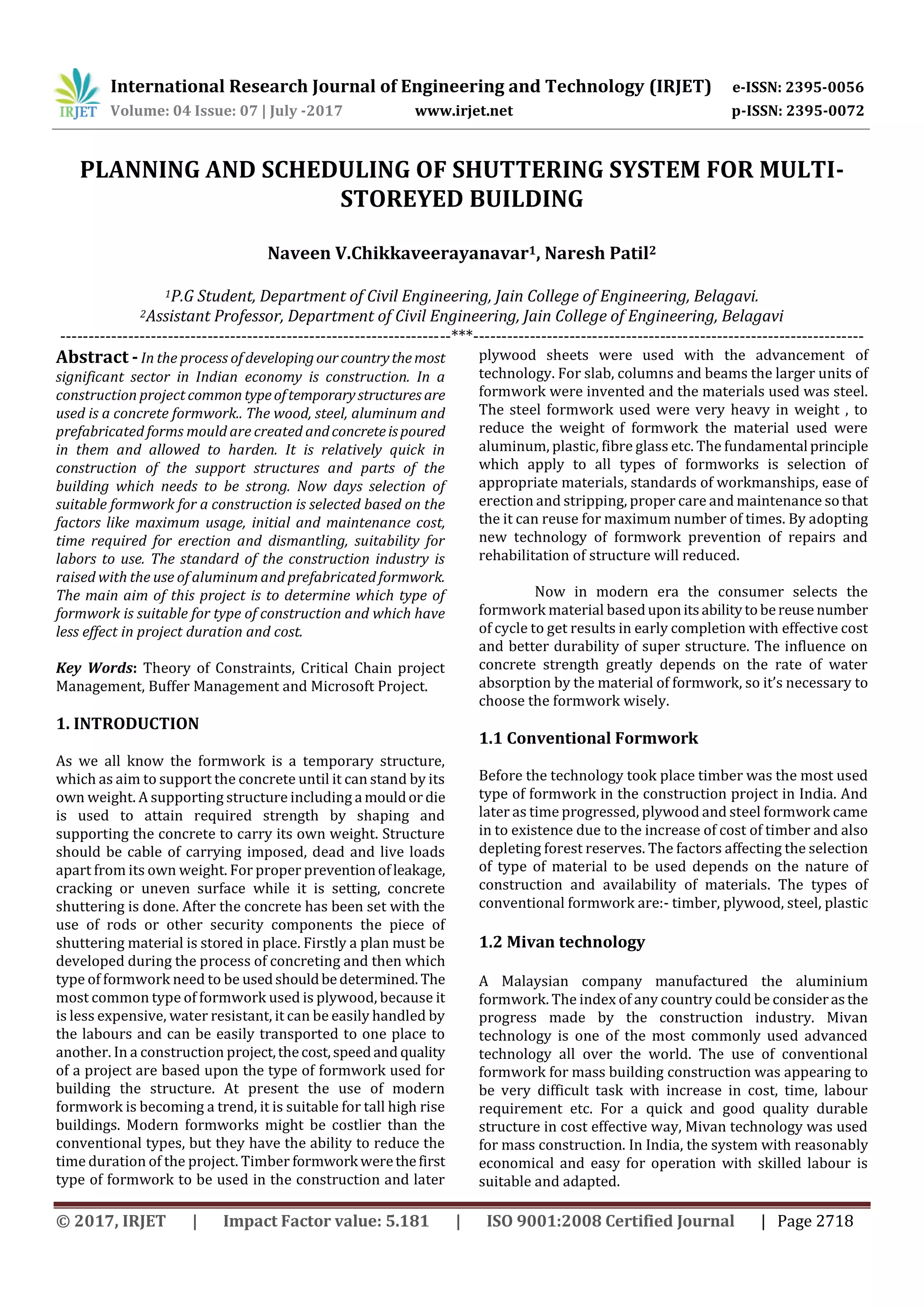 Planning and Scheduling of Shuttering System for Multi-Storeyed ...