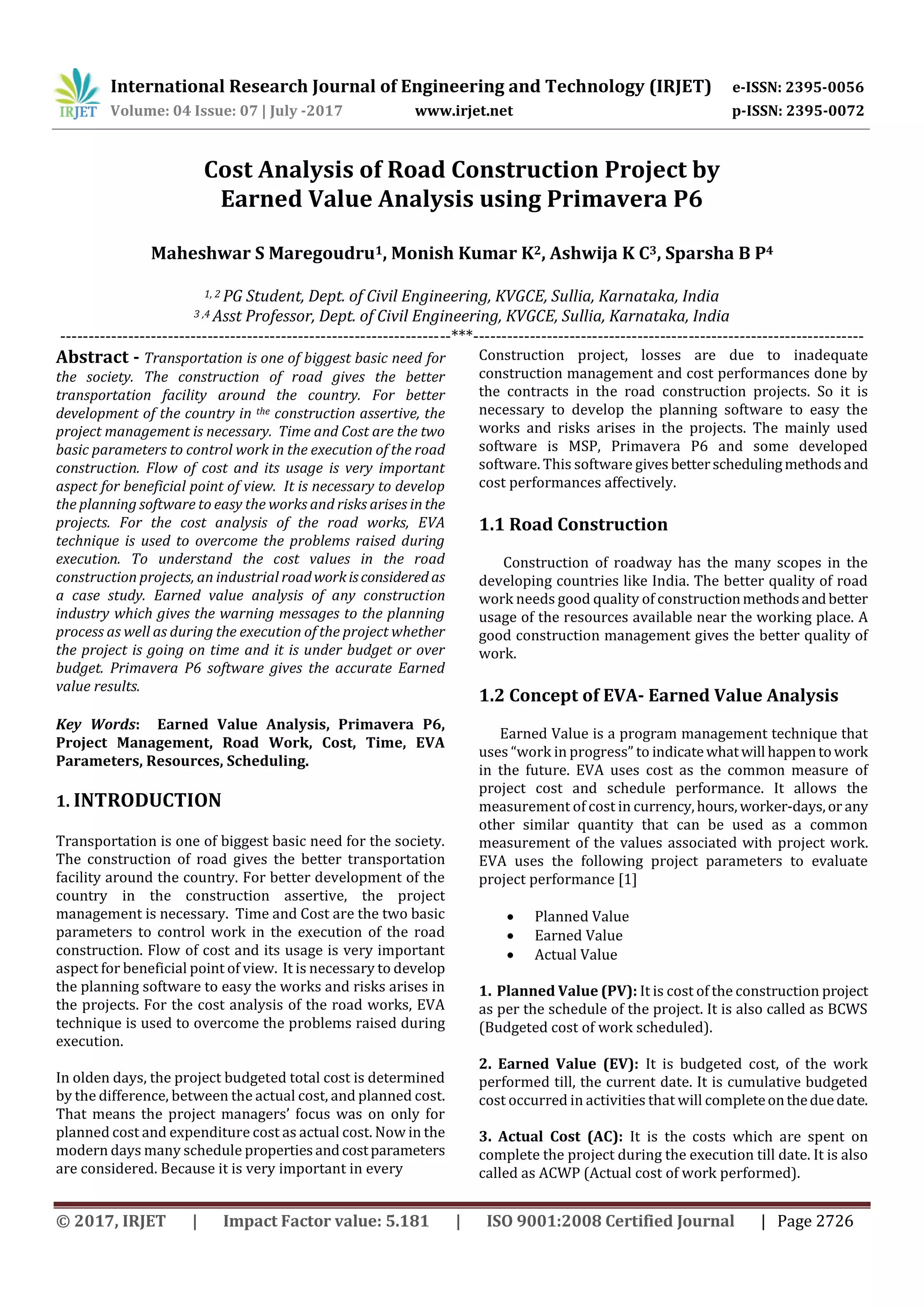 Cost Analysis of Road Construction Project by Earned Value Analysis ...