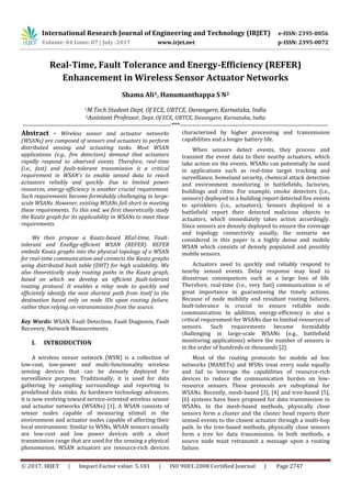 Real-Time, Fault Tolerance and Energy-Efficiency (REFER) Enhancement in Wireless Sensor Actuator ...