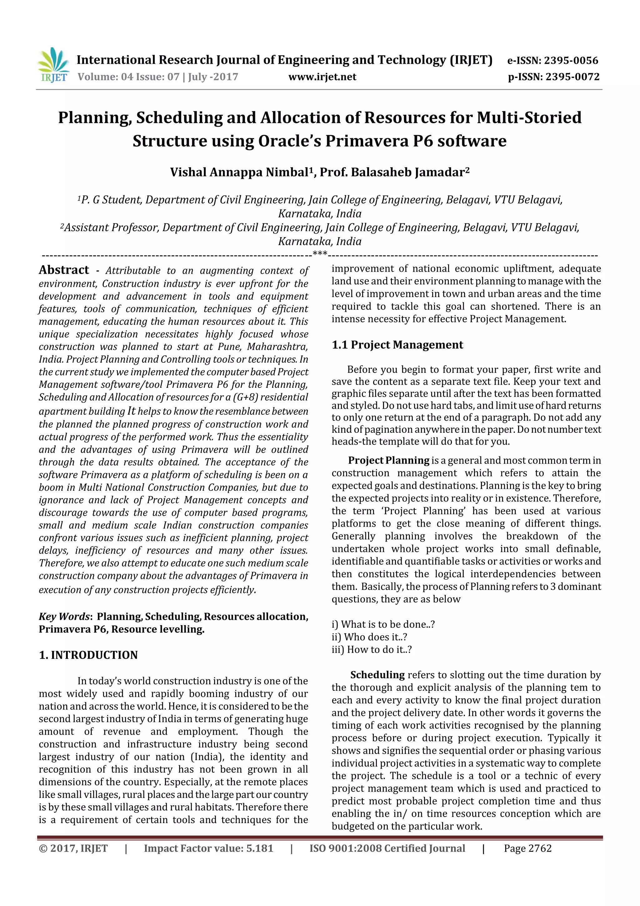 Planning, Scheduling and Allocation of Resources for Multi-Storied Structure using Oracle’s ...