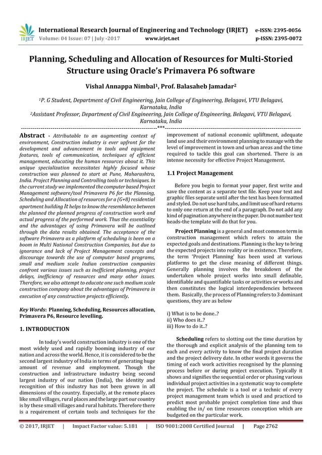 Planning, Scheduling and Allocation of Resources for Multi-Storied ...