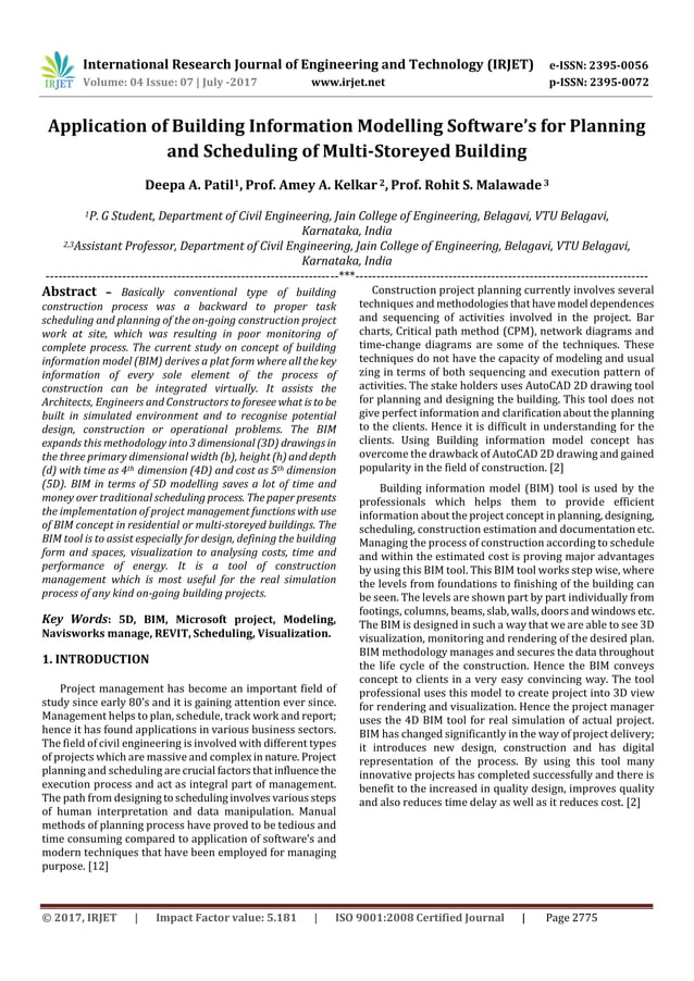 Application of Building Information Modelling Software’s for Planning and Scheduling of Multi ...