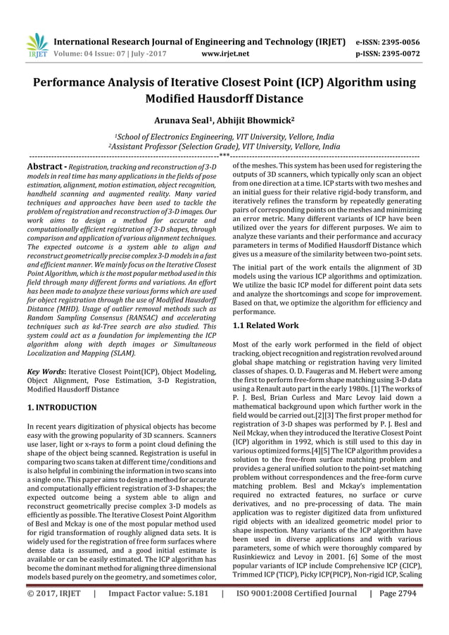 Performance Analysis Of Iterative Closest Point Icp Algorithm Using Modified Hausdorff