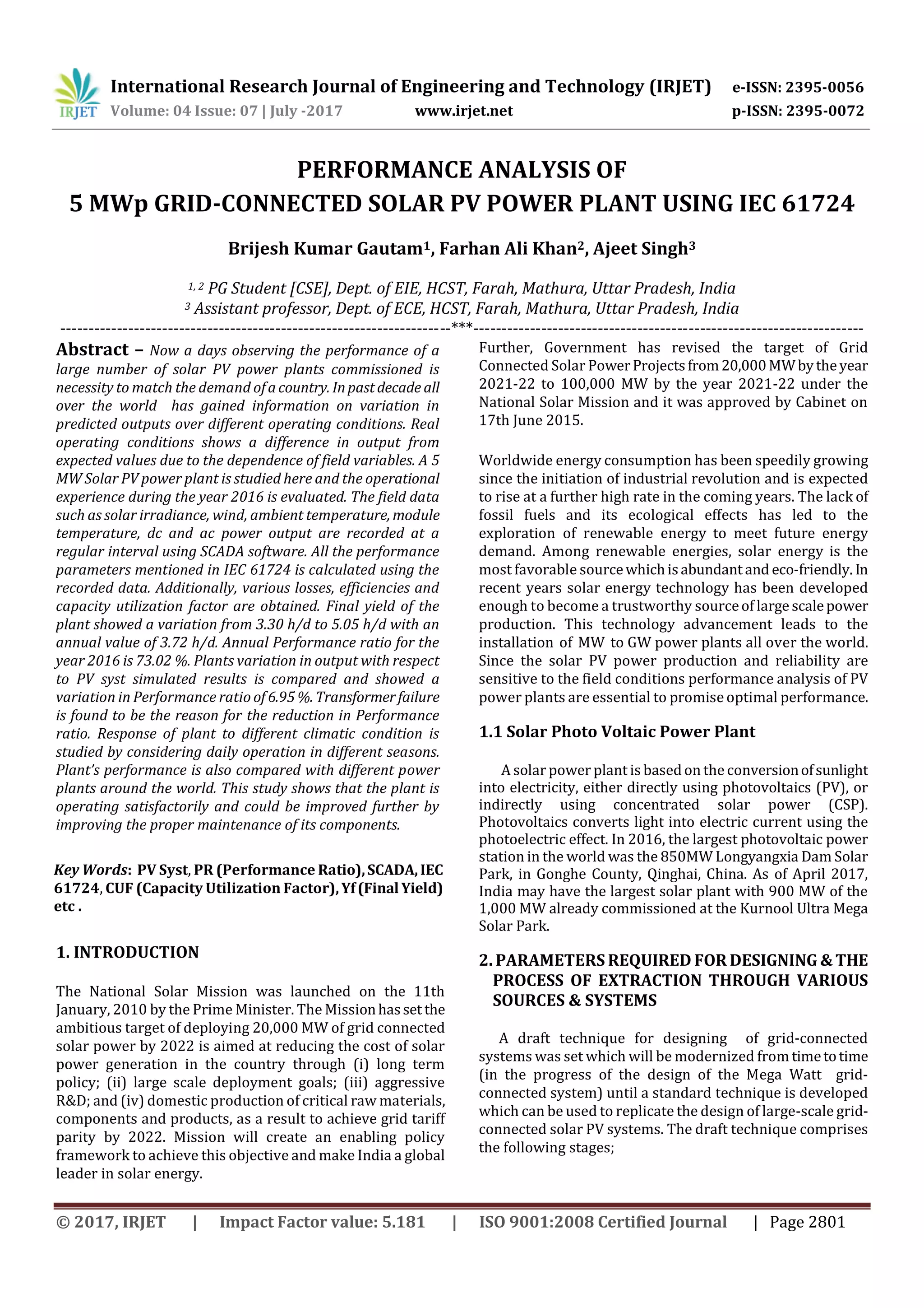 Performance Analysis of 5 MWP Grid-Connected Solar PV Power Plant Using ...