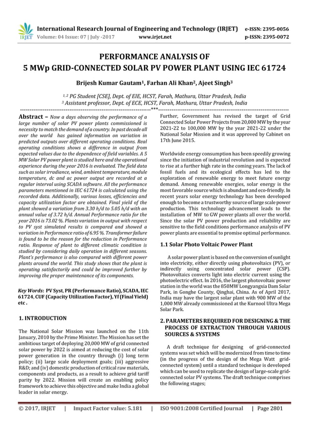 Performance Analysis of 5 MWP Grid-Connected Solar PV Power Plant Using IEC 61724 | PDF