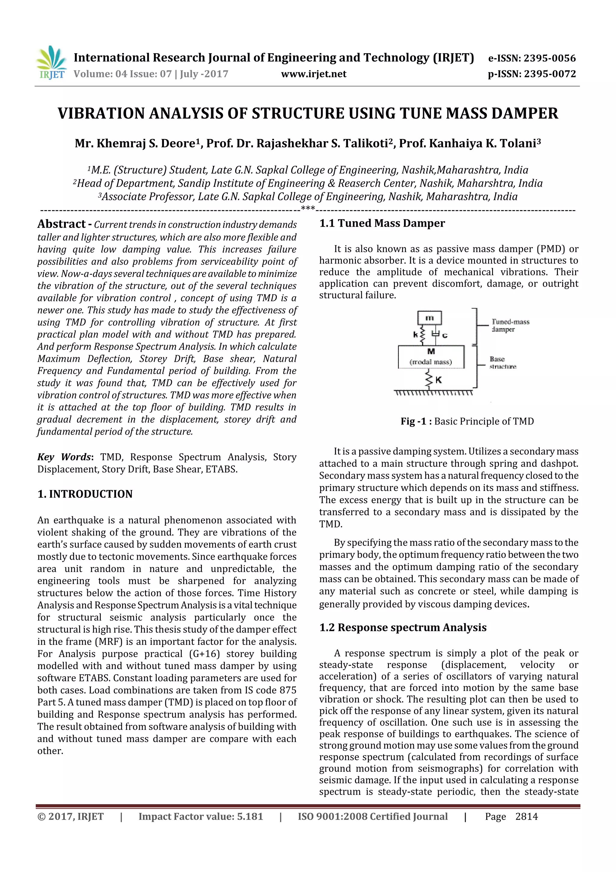 Vibration Analysis of Structure using Tune Mass Damper | PDF