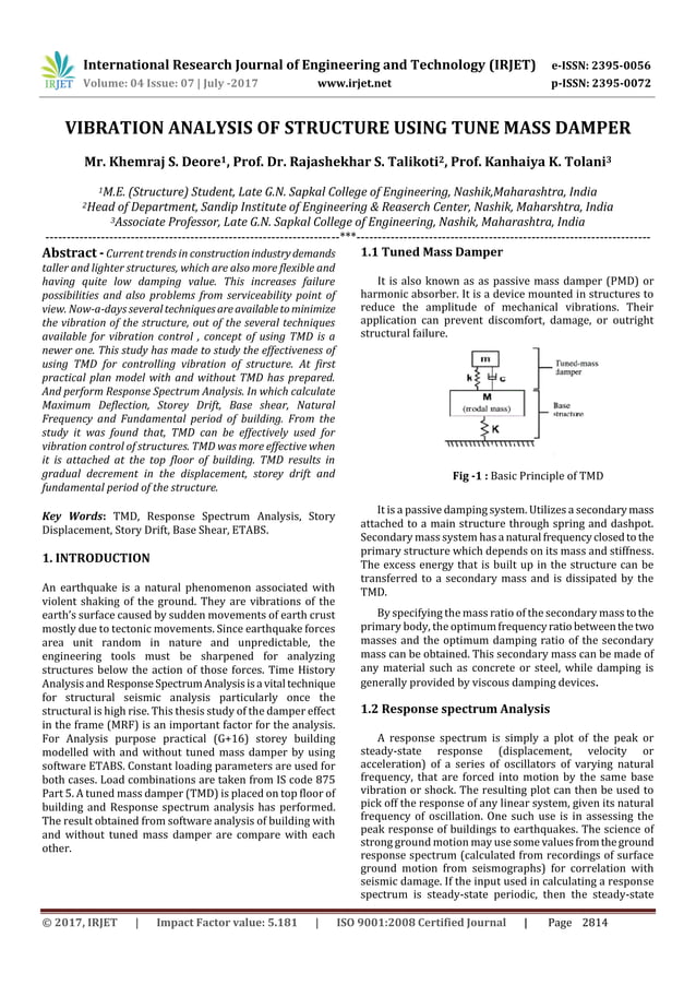 Vibration Analysis of Structure using Tune Mass Damper | PDF